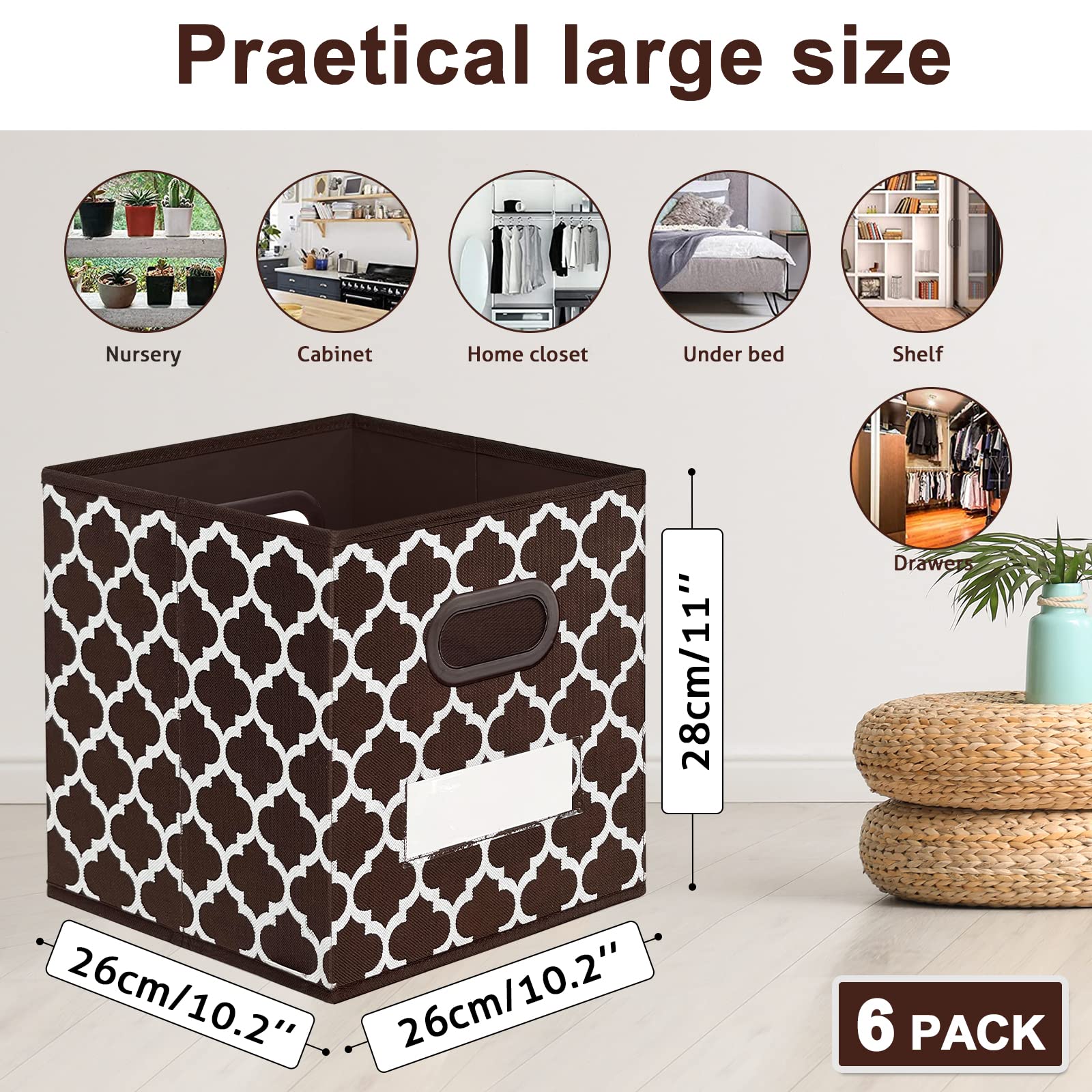 homyfort 11 Inch Cube Storage Organizer Bins-Foldable Fabric storage Cubes Bin Container Box with 2 Plastic Handles for Boys,Girls,Nusery,Clothes,Pantry Closet,Shelf,Kids Room Set of 6 (Deep Coffee)