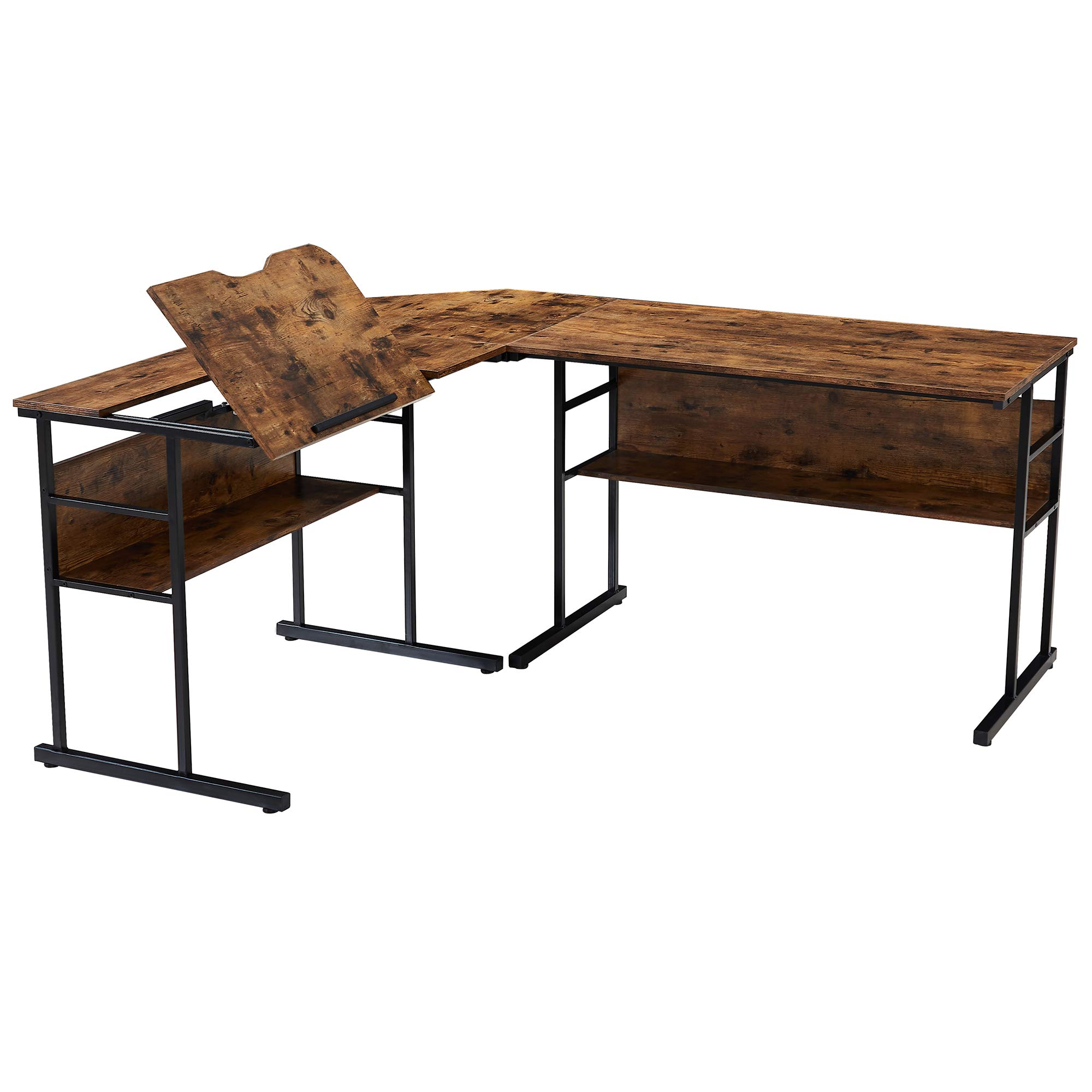 blackwolf 67 inches L-Shaped Desk, Corner Computer Desk with Bottom Bookshelves & CPU Stand, Drafting Drawing Table with Tiltable Desktop, Corner Desk Computer Workstation Home Office Desk (Brown)