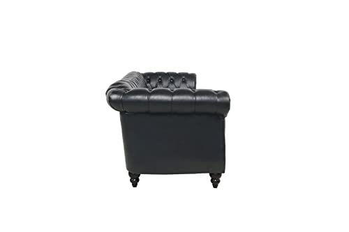DEINPPA Chesterfield Faux Leather Fabric Sofa with Rolled Arm and Nailhead 84" Modern Design Three Seater Sectional Couch for Home Furniture (Faux Leather, Black)