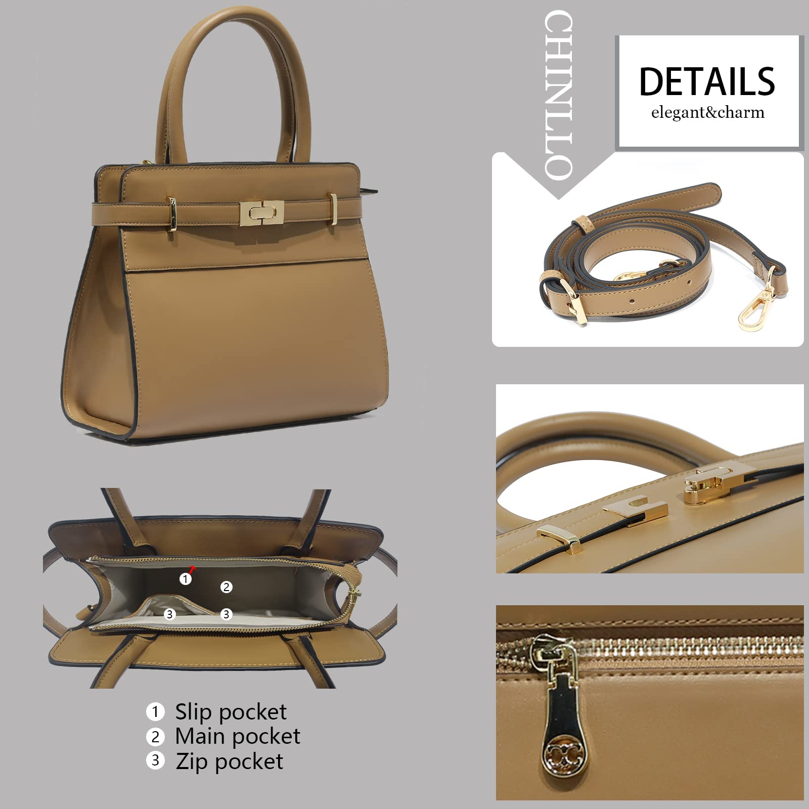 Chinllo Womens Top-Handle Handbag Every day Satchel Leather Purse Crossbody Bag with Long Detachable Strap(Brown)
