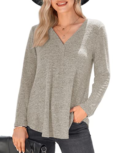 iGENJUN Long Sleeve V Neck Tunic Sweatshirts for Women T Shirts Solid Classic Loose Fit Tops 2023 Fall Fashion Trendy Outfits,Khaki,XL