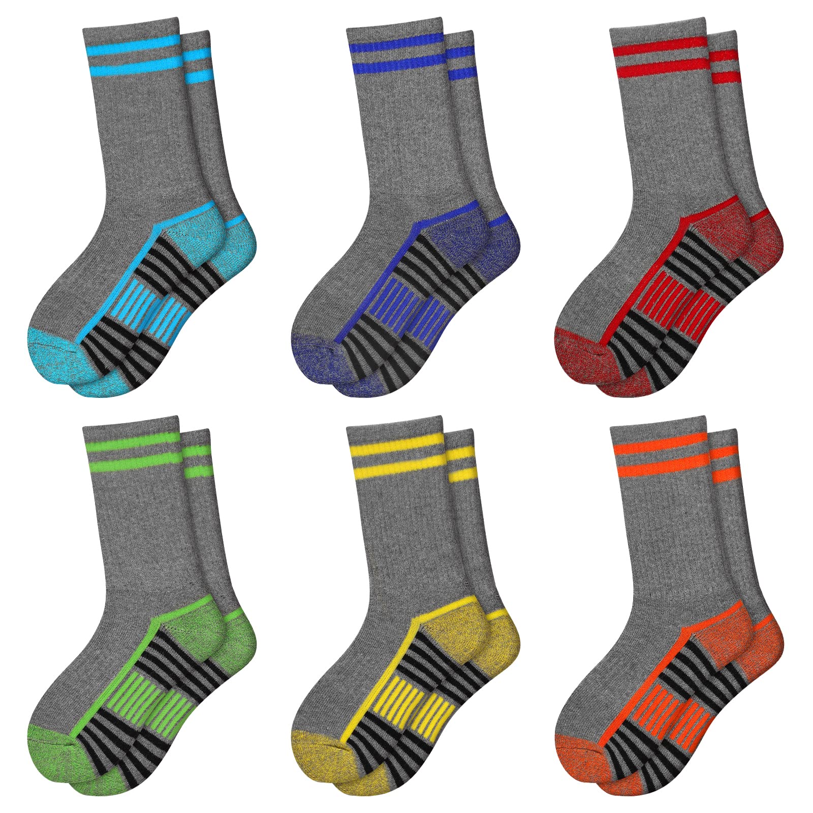 Comfoex Boys Crew Socks 4-6 6-8 8-10 Years Old Athletic Long Cotton Socks For Kids Half Cushioned Calf Socks 6 Pairs