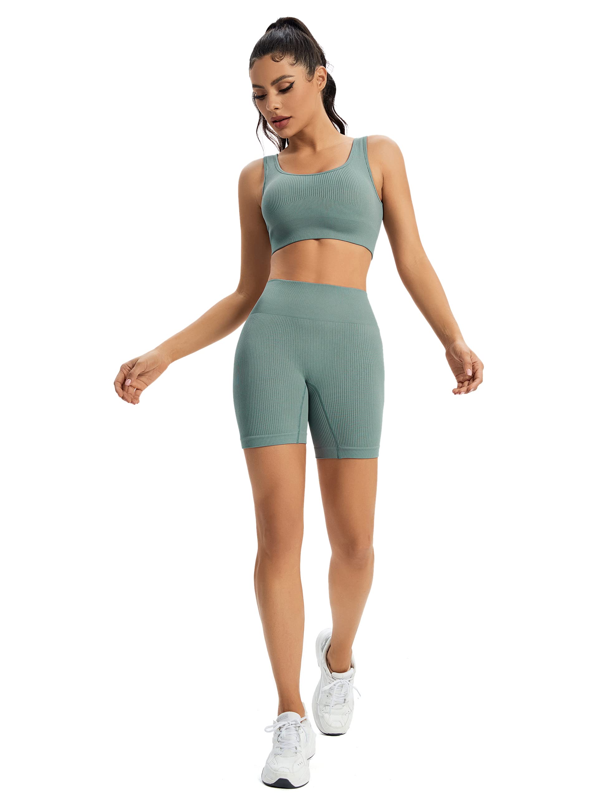 Chiphell Workout Outfits for Women 2 Piece High Waist Biker Shorts With Seamless Sports Bra Exercise Sets Tracksuit Green