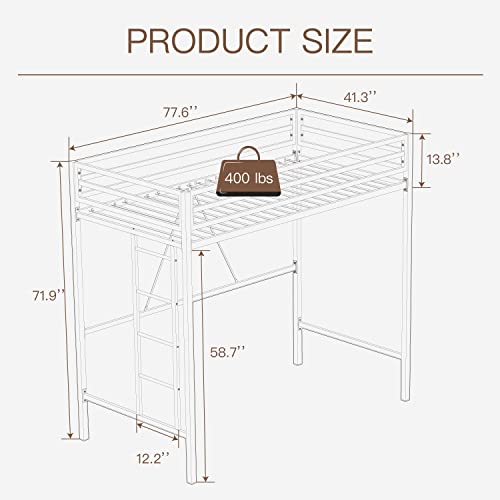 ikalido Metal Loft Bed Twin Size, Multifunctional Twin Bed with Safety Guard & Removable Ladder, Space-Saving/Noise Free/No Box Spring Needed/Matte White