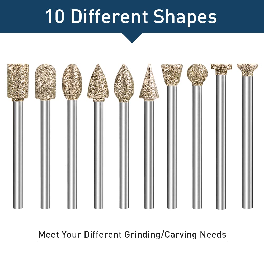 Diamond Grinding Burr Bit Set,20Pcs Rotary Tool Accessories Stone Carving Set with 1/8 inch Shank for Stone Ceramic Glass Carving, Grinding, Polishing, Engraving, Sanding