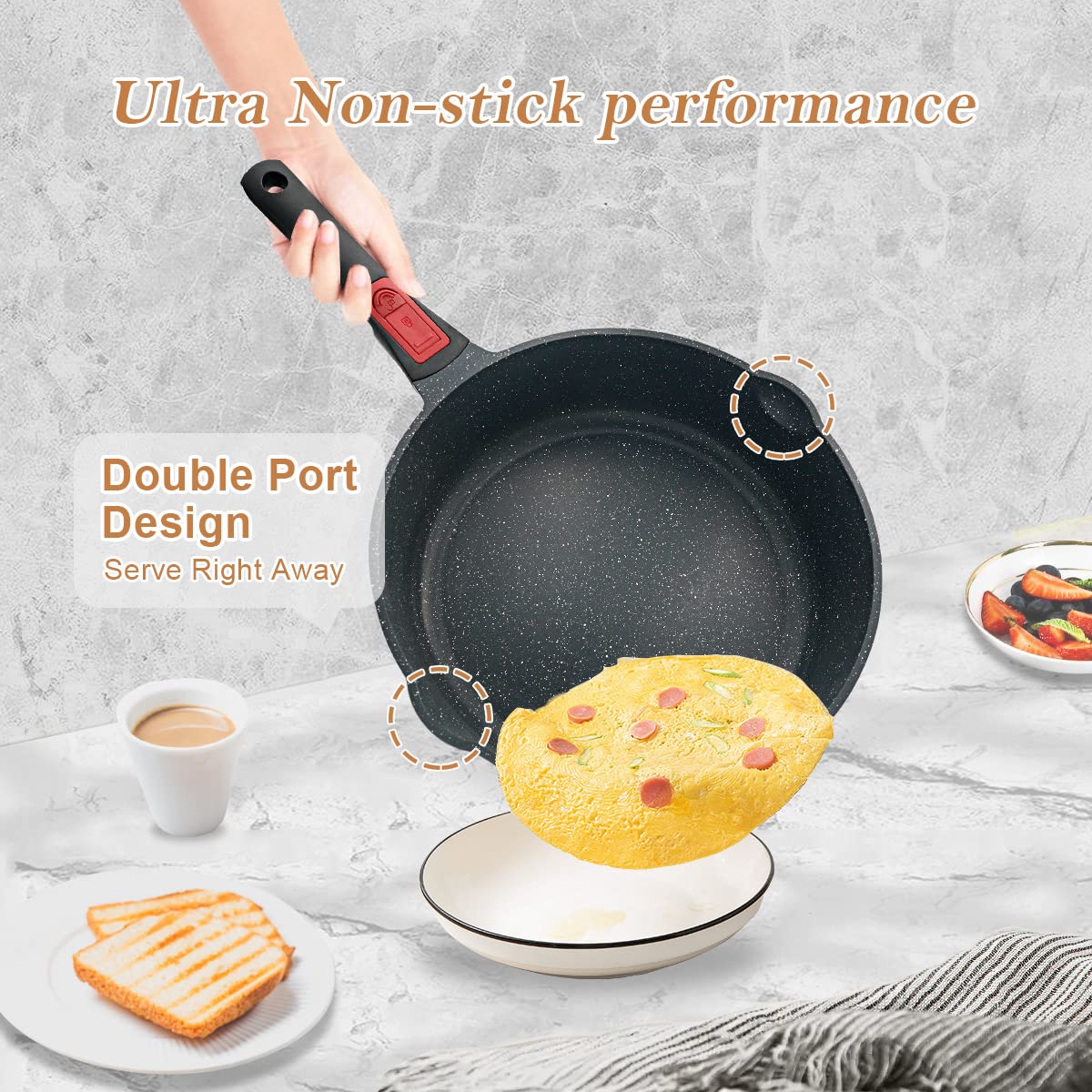 Bobikuke 5 Pcs Nonstick Deep Frying Pan Set with Removable Handle, 8/9.5/11 inch Non stick Skillets Set Coating Cookware with Universal Lid Compatible with All Stovetops, Oven& Dishwasher Safe