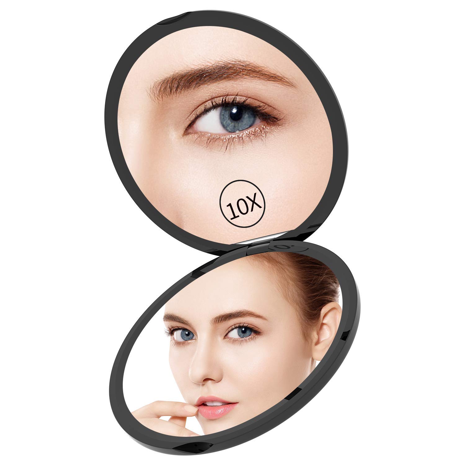 Benbilry Magnifying Compact Mirror for Purses Double Sided Travel Makeup Mirror with 10X Magnification, 4 Inch Small Pocket Mirror, Portable Folding Great Compact Cosmetic Mirror (Black)