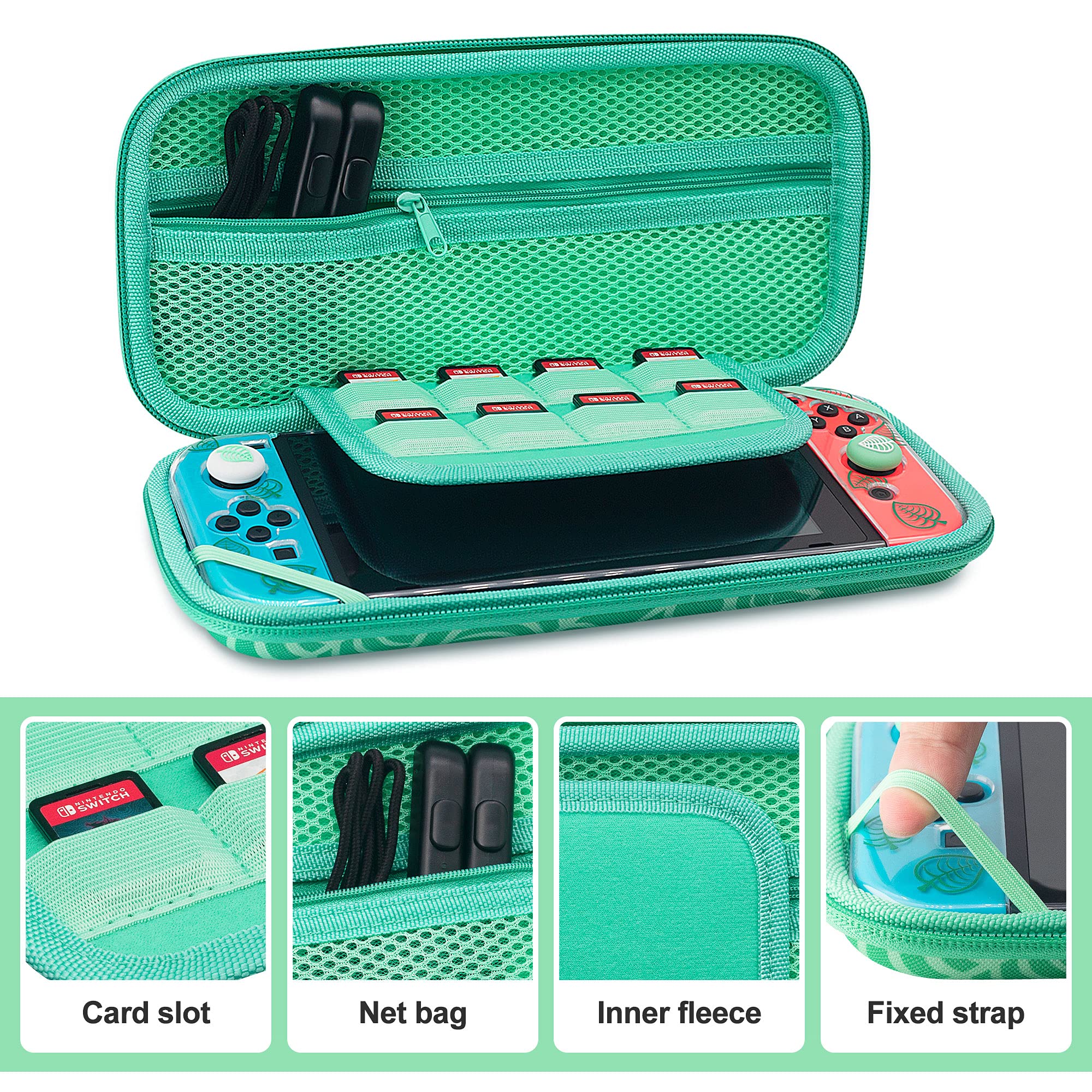 Carry Case for Nintendo Switch，With Animal Crossing Green Leaf Protective Storage Bag with Docking Clear Cover Crystal Shell & Screen Protector & Thumb Grips