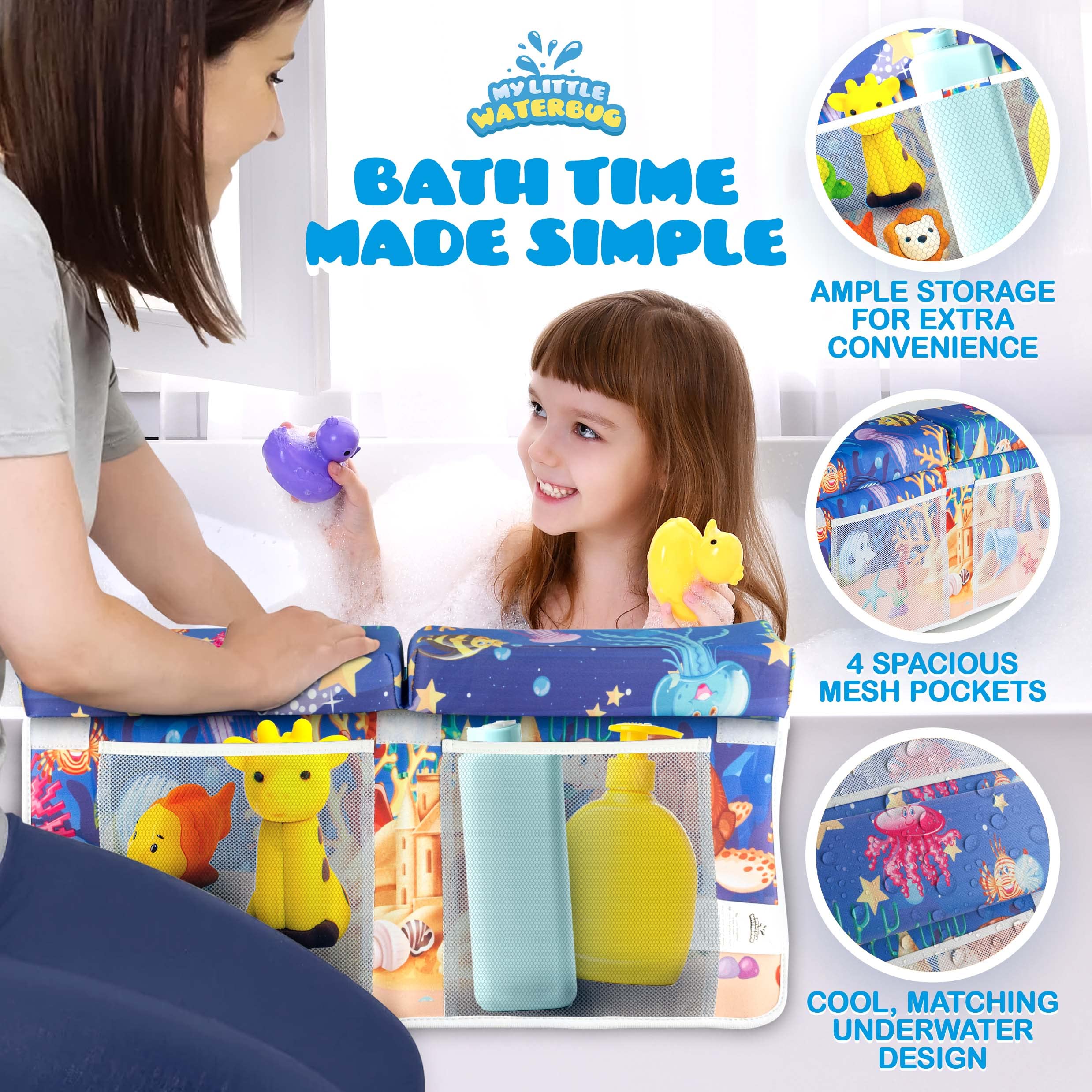 MY LITTLE WATERBUG Baby Bath Kneeler and Elbow Rest Pad | Set Includes Cushioned Kneeling Pad, 2 Inches Thick & 22 Inches Long, Plus Stay-Put Elbow Pad with 8 Suction Cups | Cute Undersea Print