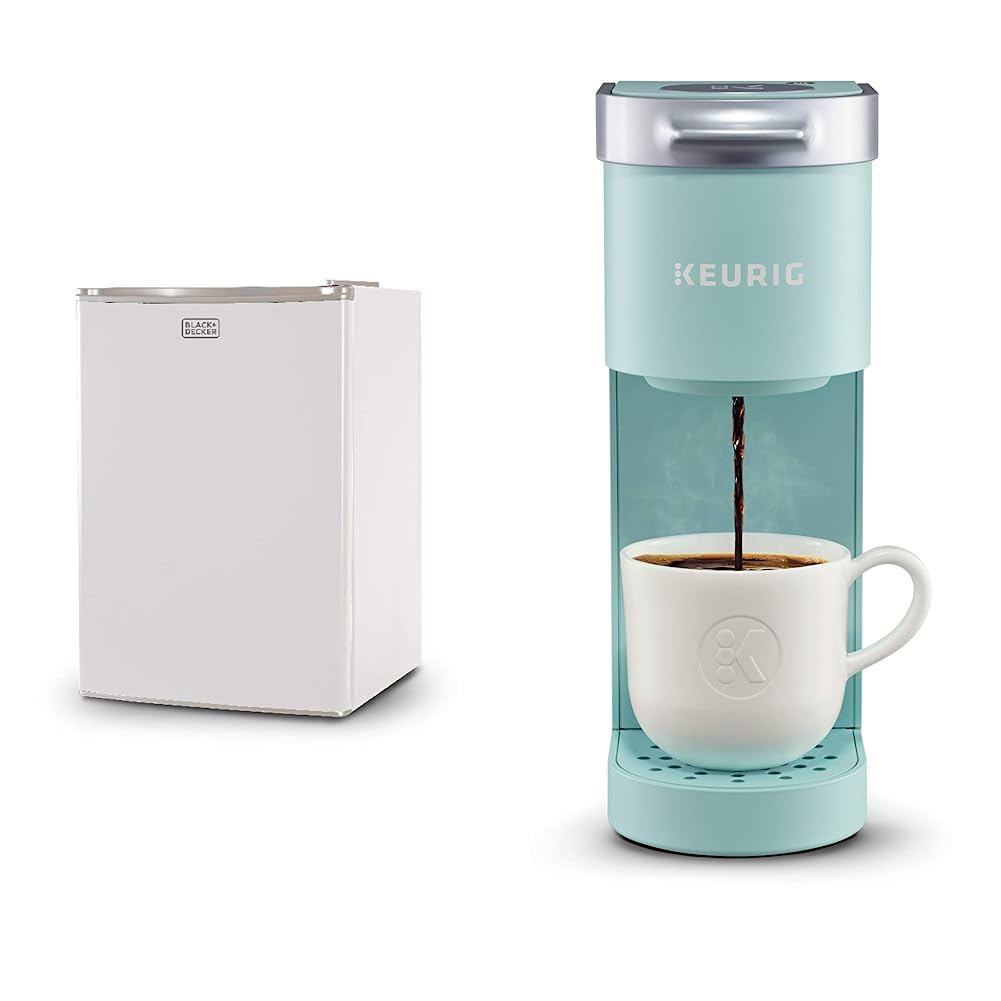 BLACK+DECKER BCRK25W Compact Refrigerator Energy Star Single Door Mini Fridge with Freezer, 2.5 Cubic Ft., White & Keurig K-Mini Single Serve Coffee Maker, Oasis
