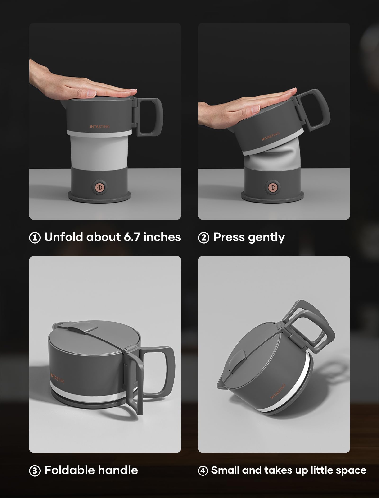Foldable Travel Electric Kettle, 600ML Portable Water Boiler with 800w Power & Auto Shutoff, Compact BPA-Free Silicone Kettle for Tea, Coffee, Collapsible mini Kettle for Travel - Dark Grey