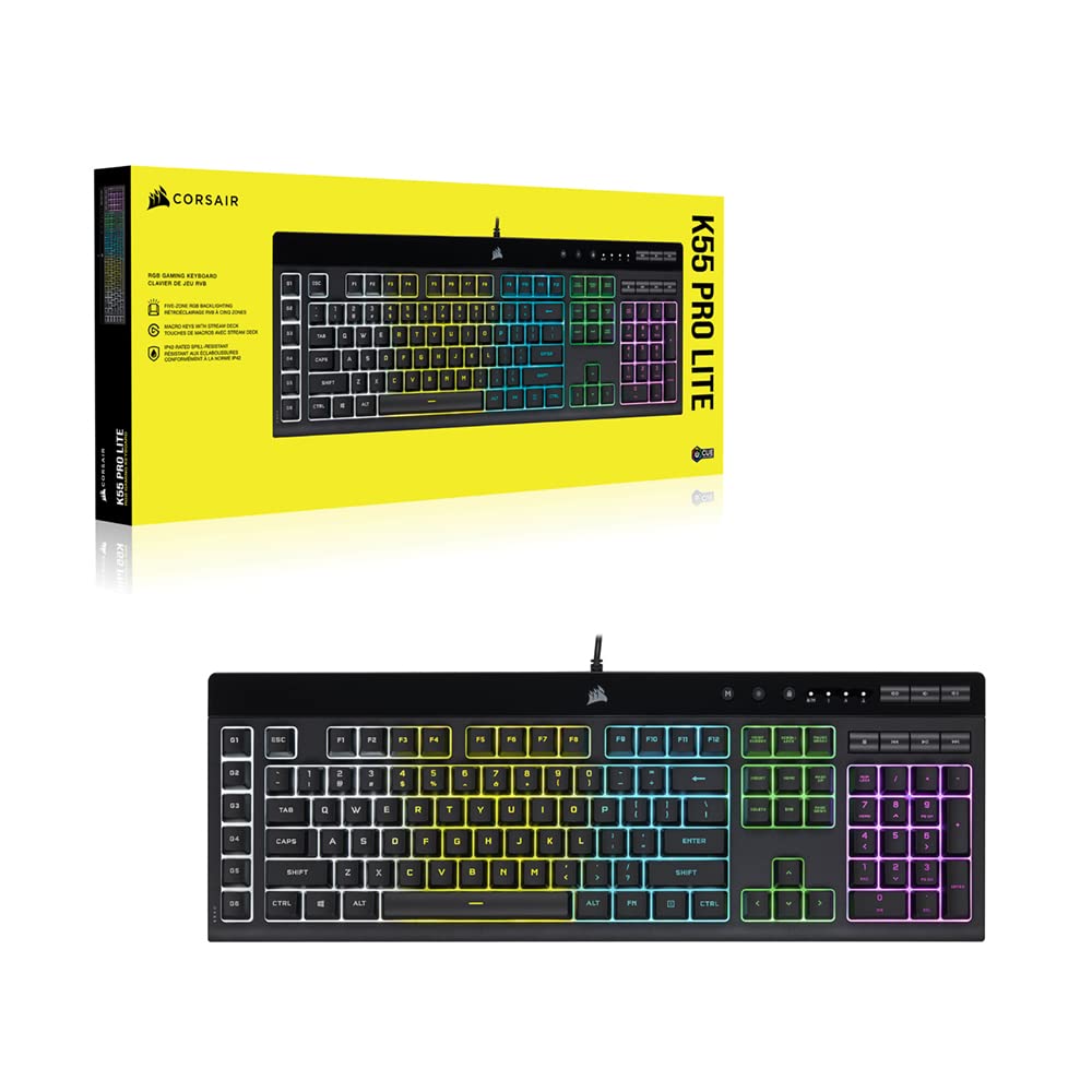 Corsair K55 PRO LITE RGB Wired Membrane Gaming Keyboard (5-Zone Dynamic RGB Backlighting, Six Macro Keys with Stream Deck Integration, IP42 Dust and Spill Resistant, Dedicated Media Keys) Black