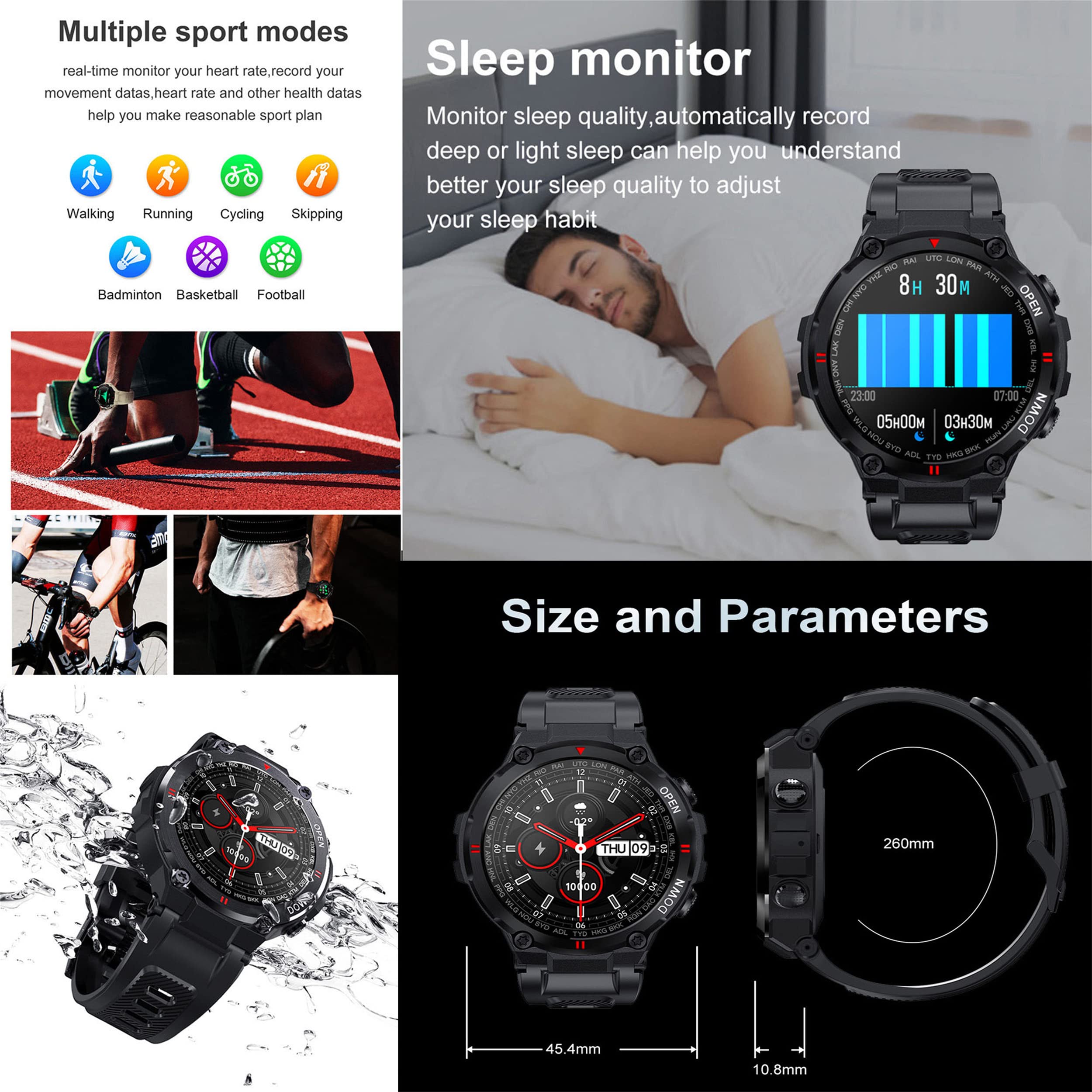 HOUJIN Smart Watch for Men Outdoor Waterproof Tactical Smartwatch Bluetooth Dail Calls Speaker 1.3 inch HD Touch Screen Fitness Tracker Watch for Android and iOS, Black