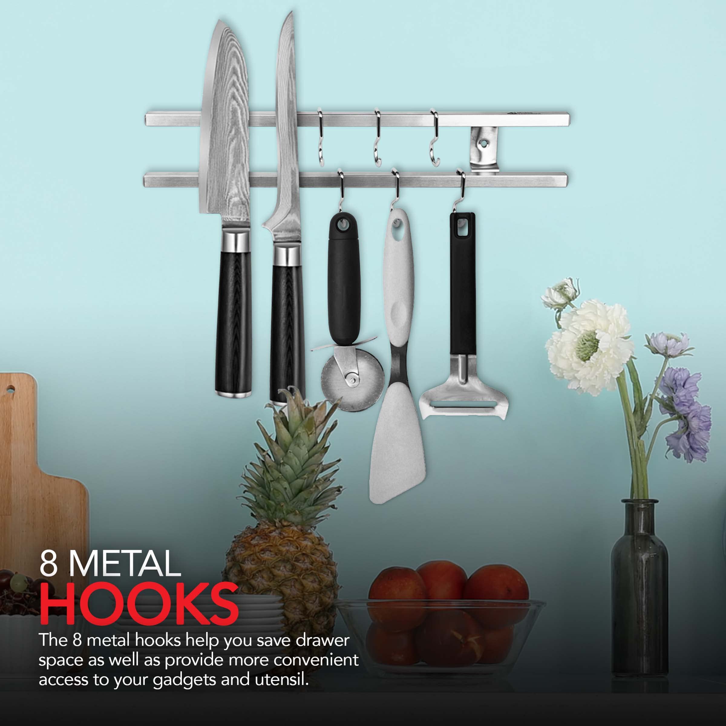 Modern Innovations (12 Inch) Stainless Steel Metal Magnetic Knife Holder, Wall Mount Double Bar with 8 Hooks - Multipurpose Knife Magnetic Strip, Utensil hanger, and Kitchen Storage Rack Magnet