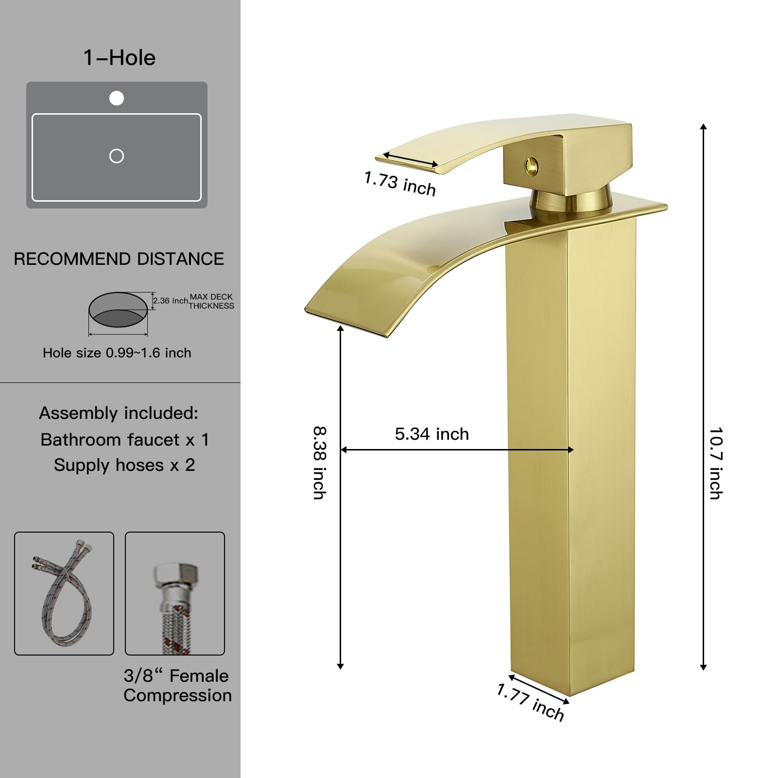 BWE Vessel Sink Faucet Modern Waterfall Brushed Gold Single Hole Bathroom Faucet Single Handle with Pop up Drain without Overflow Assembly Vanity Basin Bath Sink Faucets Mixer Tap Lead-Free