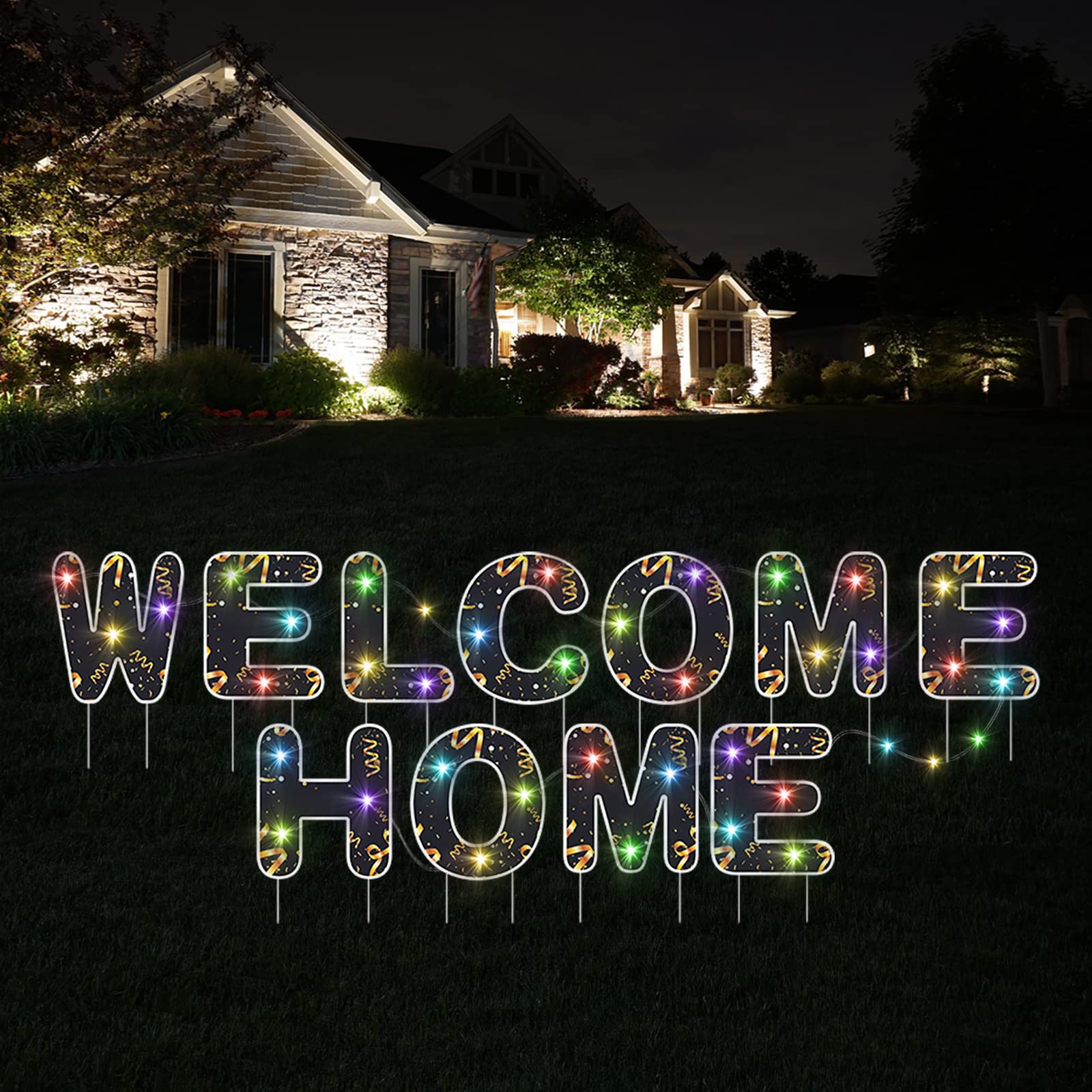 CZQEPMB welcome home yard sign with Stakes and Colored LED Lights - 15" Large Size Light Up Letters Outdoor Lawn Decoration, Welcome Back Home Theme Party