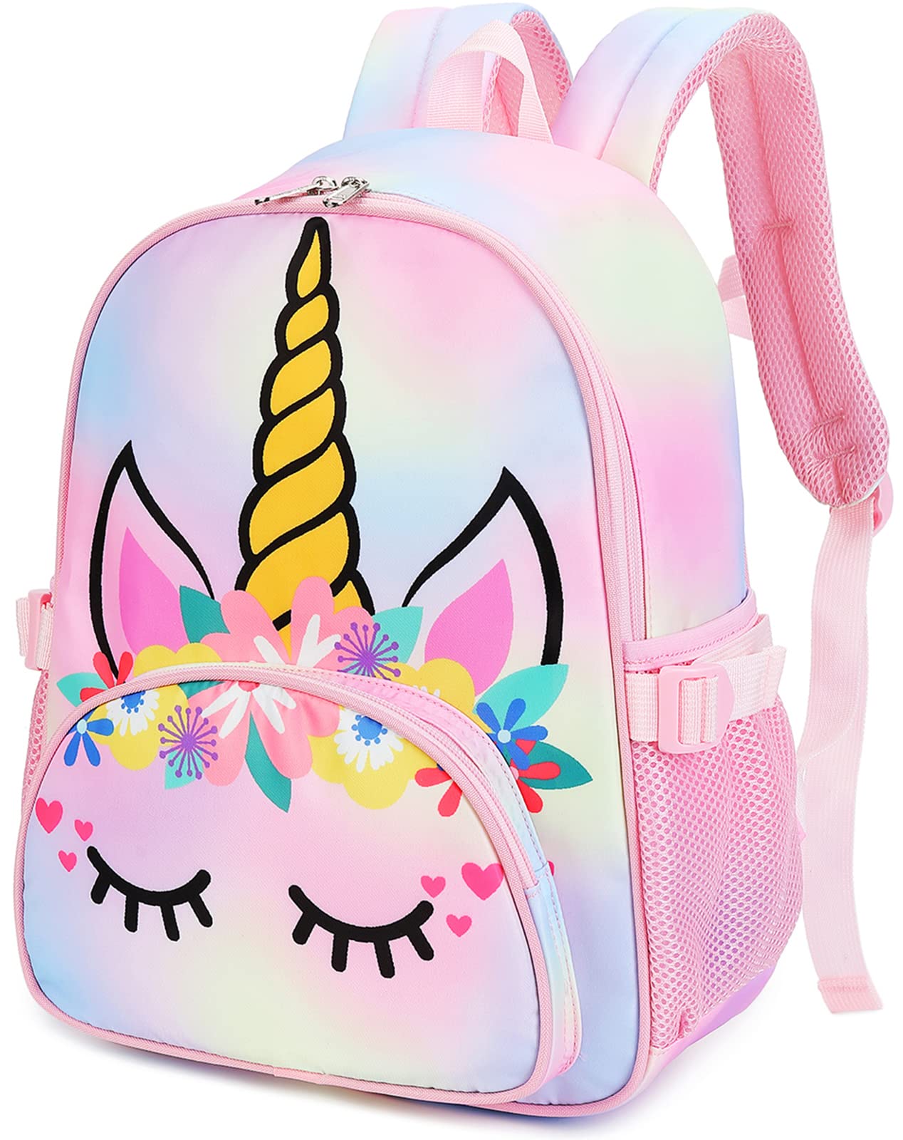 BTOOP Kids Backpack Girls School Backpack Preschool Kindergarten Unicorn Toddler BookBag with Chest Clip (Tie Dye headband)