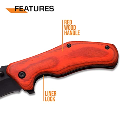 Elk Ridge - Outdoors Spring Assisted Folding Knife - 2.9-in Black Stainless Steel Blade, 4.1-in Closed, Red Wood Handle, Pocket Clip - Hunting, Camping, Survival, EDC - ER-A013RW