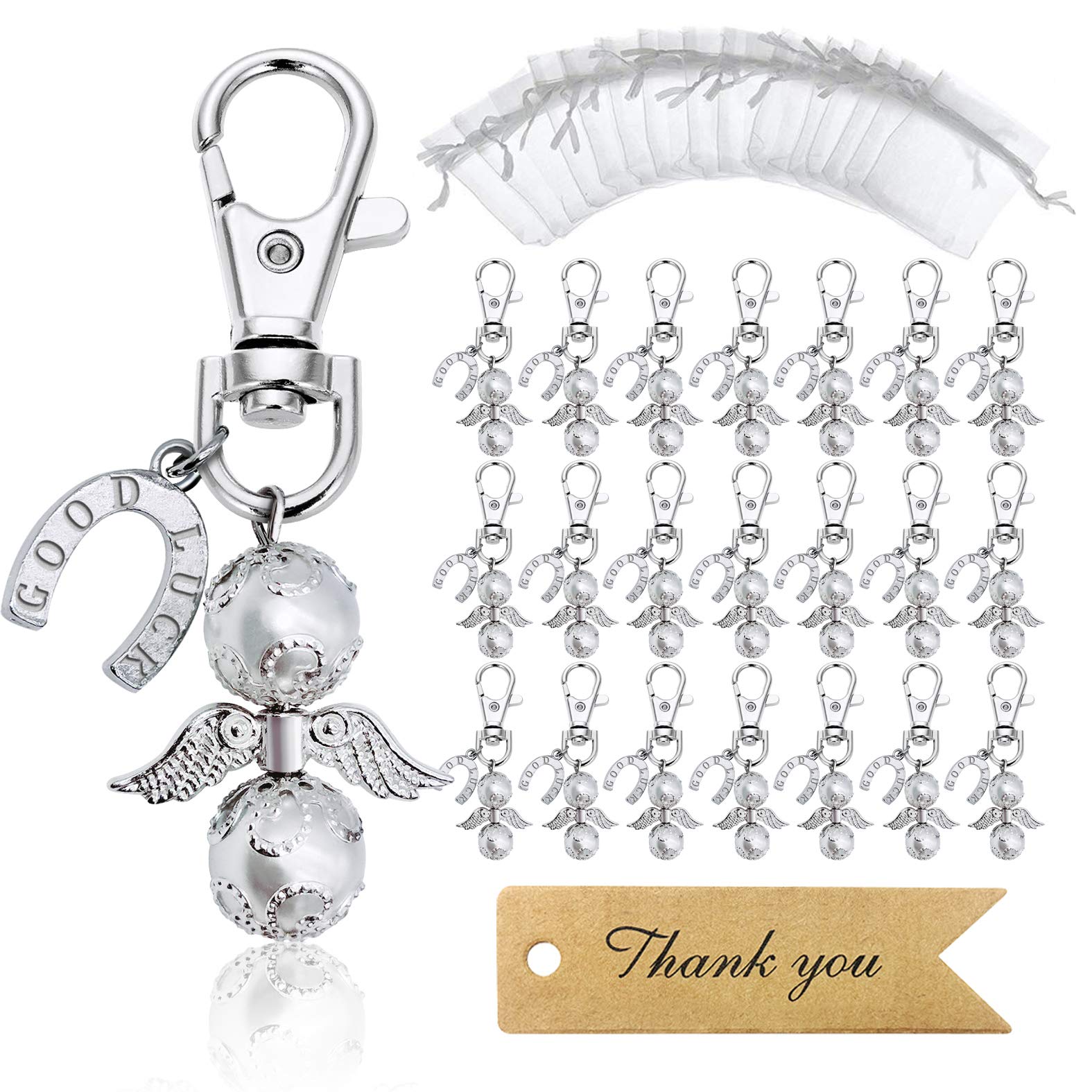 iZoeL 20 Angel Favor Lucky Horseshoe Keychains Plus Organza Bags Plus Thank You Kraft Tags, Guest Return Gifts for Baby Shower, Bridal Shower, Wedding, Party Charm Favors