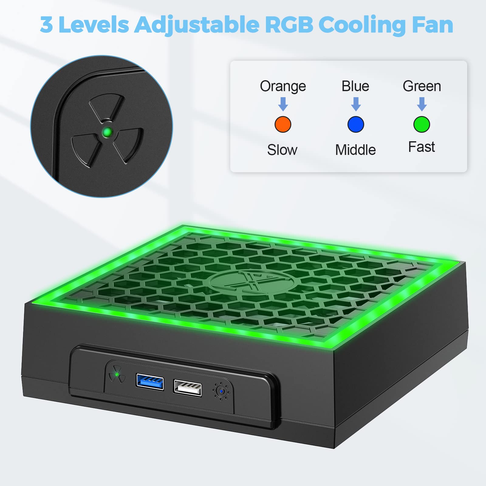 Cooling Fan for Xbox Series X Console with Colorful Light Strip,Dust Cover,Rubber Dust Plugs,12 inch Adjustable Speed Low Noise Top Fan with RGB LED Lights,2 USB Port & Touch Switch