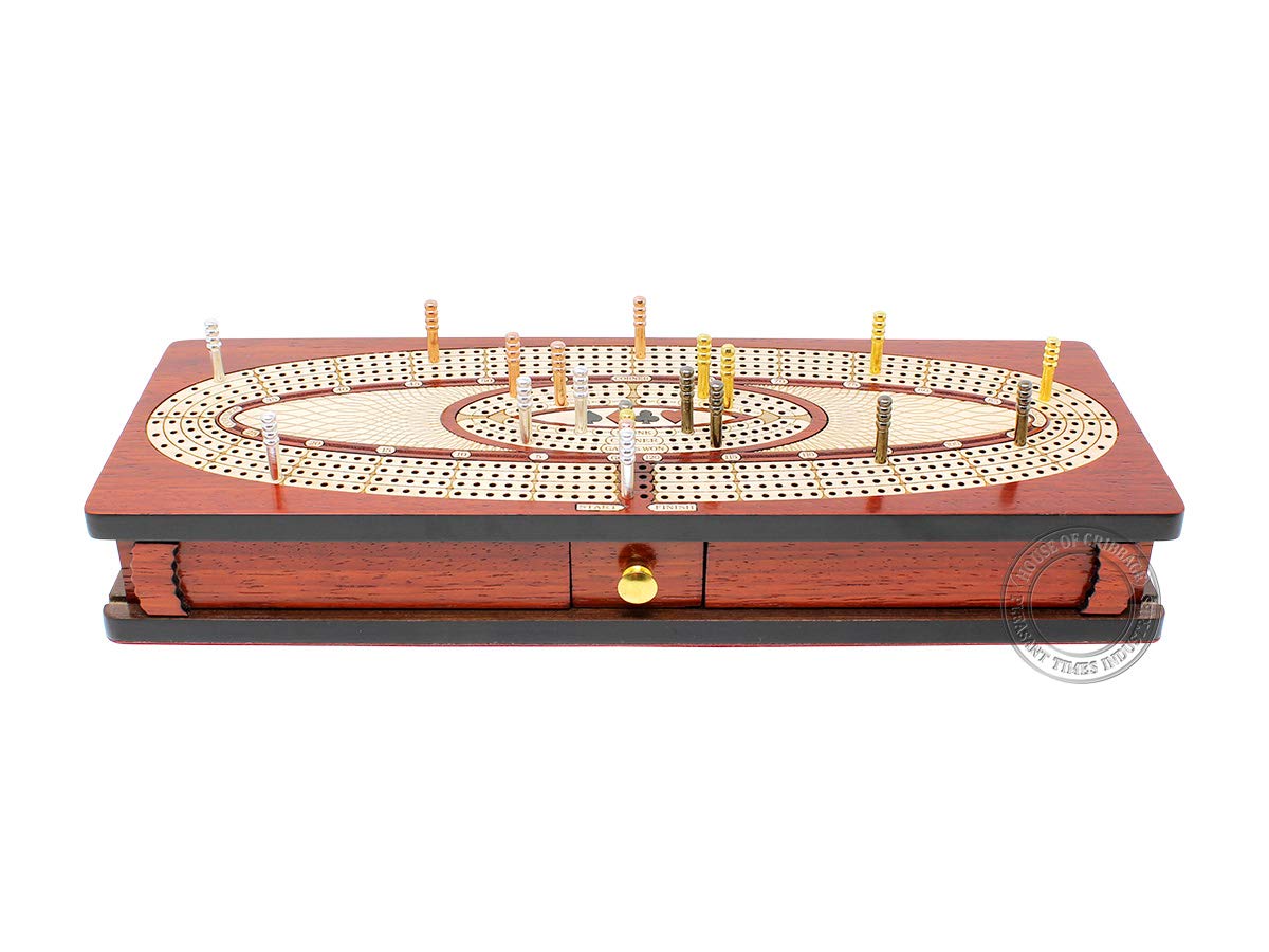 House of Cribbage - Continuous Cribbage Board/Box Inlaid in Blood Wood/Maple : 4 Track - Sliding Lids, Drawer & Metal Pegs with Score Marking Fields for Skunks, Corners and Won Games