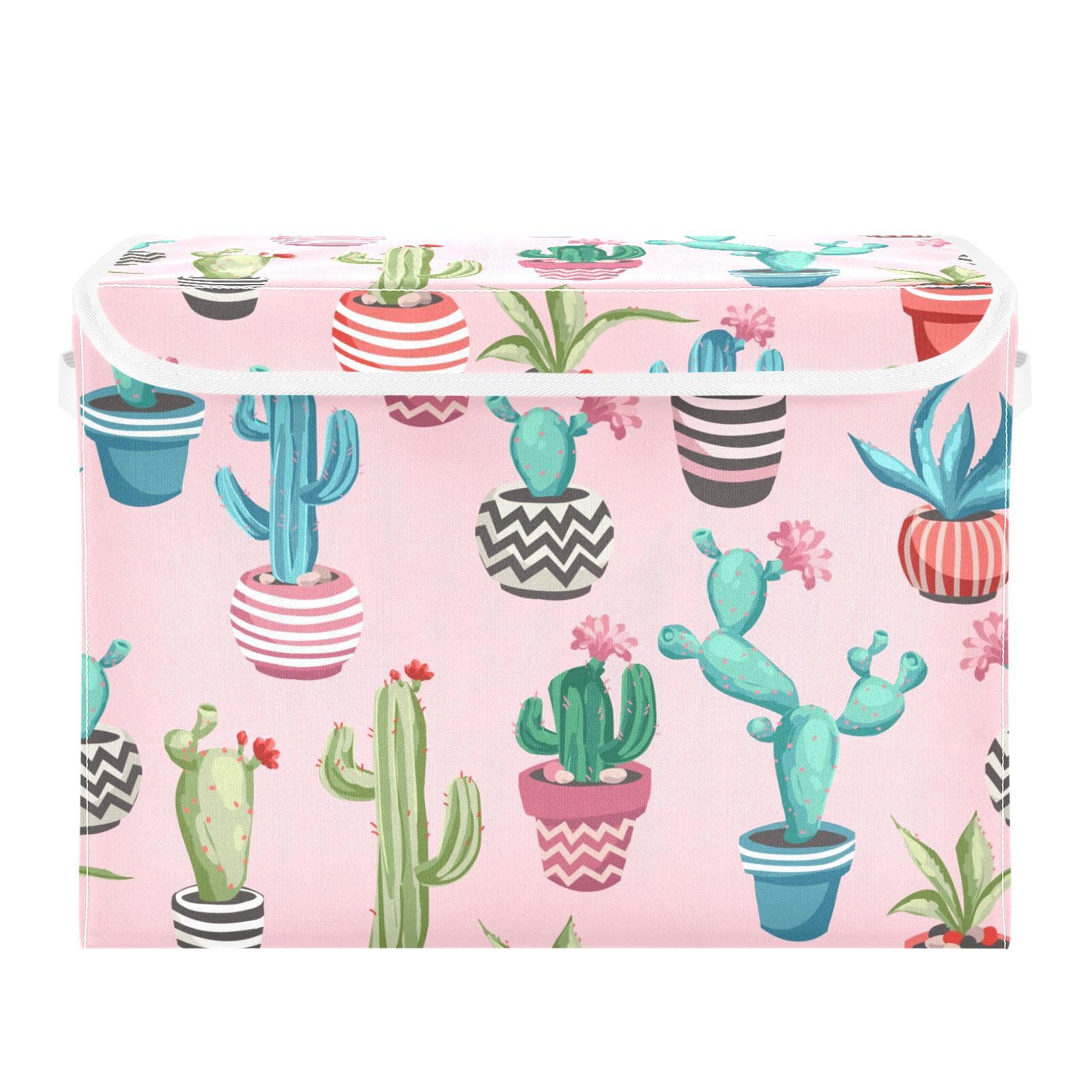 DOMIKING Cacti Flower Cactus Storage Basket with Lid Collapsible Storage Bins Decorative Lidded Storage Boxes for Toys Organizers with Handles for Books Shelves Nursery Office