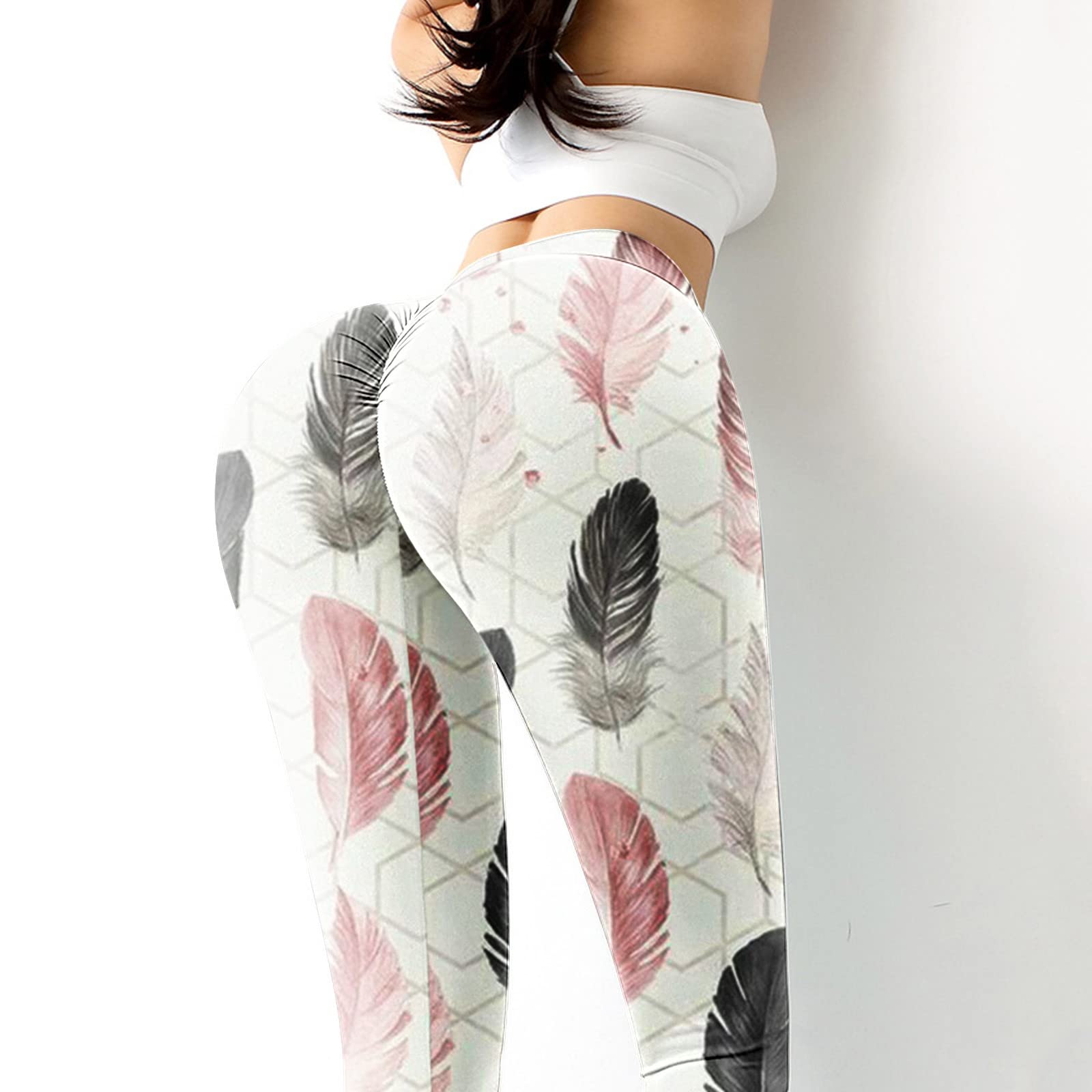 Butt Lifting Workout Leggings for Women High Waisted Ultra Soft Tummy Control Booty Tight Stretchy and Soft Opaque Slimming Feathers Printed Pants for Running Cycling Yoga White