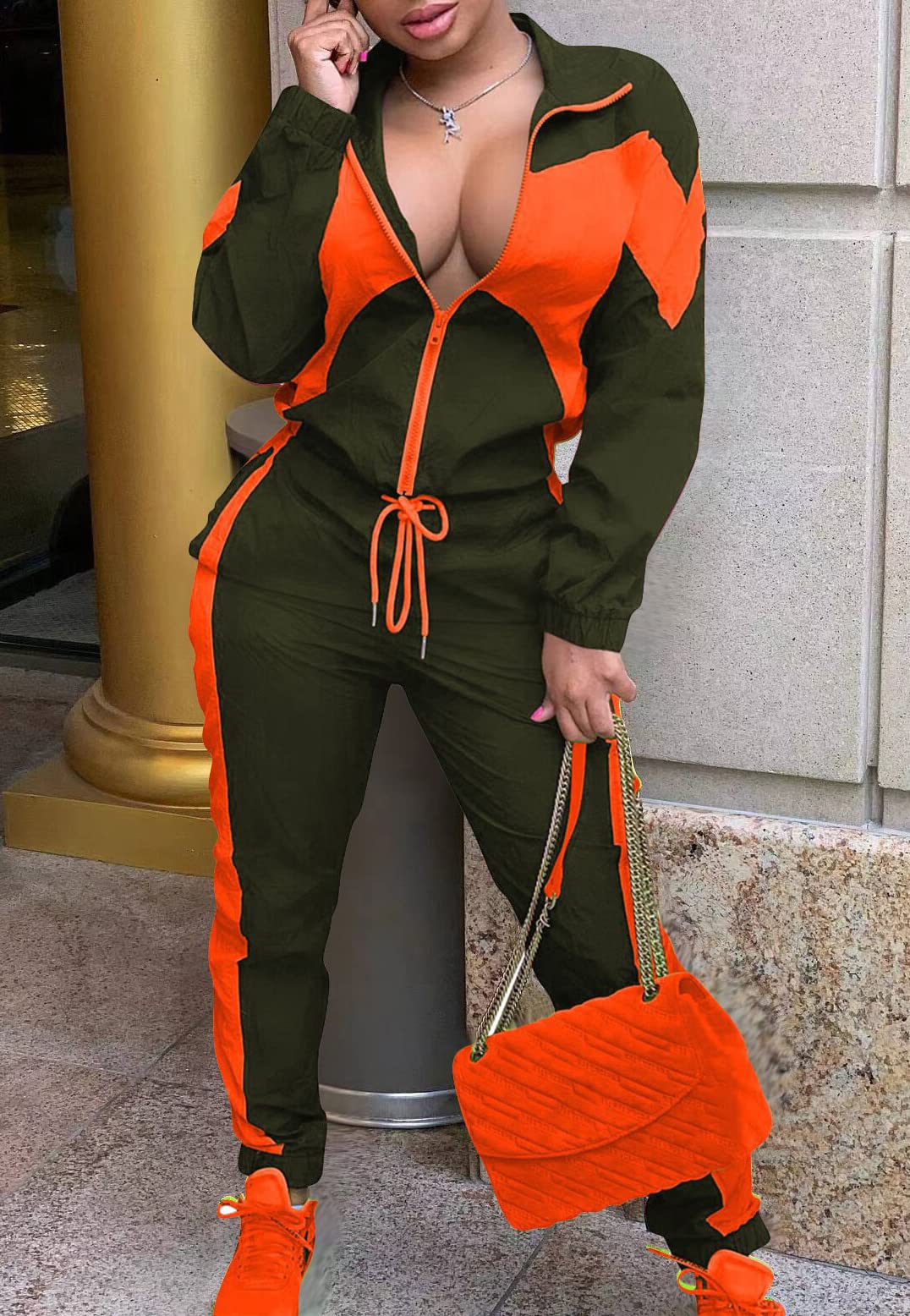 Choichic Women's Jogging Suits Two Piece Sweatsuit Color Block Long Sleeve Zip Up Crop Top Long Pants Tracksuit Set Pants Set Army Green Large