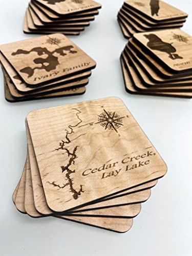 Custom Lake Map Square Wood Coasters - ANY LAKE! sets of 4, 6, 8- lake house décor Laser Engraved