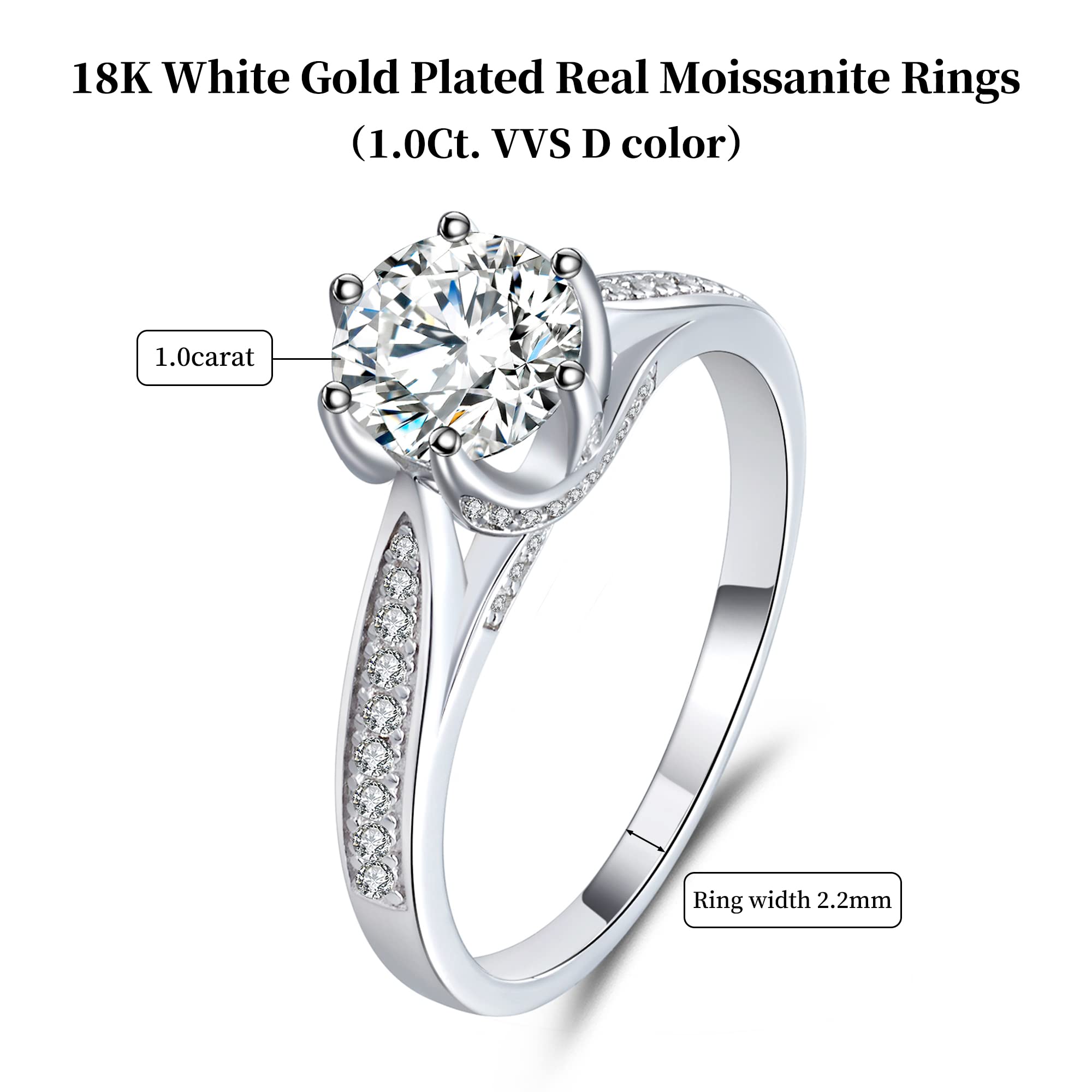 boya 1.0 Carat Moissanite Ring, Platinum Plated Sterling Silver Round Cut Solitaire Ring for Women, Engagement, Promise, Wedding Ring