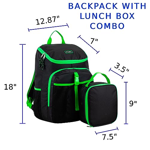 FUEL Top Loader Backpack with Lunch Box Combo β 18β Two Compartment Water Resistant Durable Adjustable Straps with Side Water Bottle Pockets 2 in 1 Set β Black