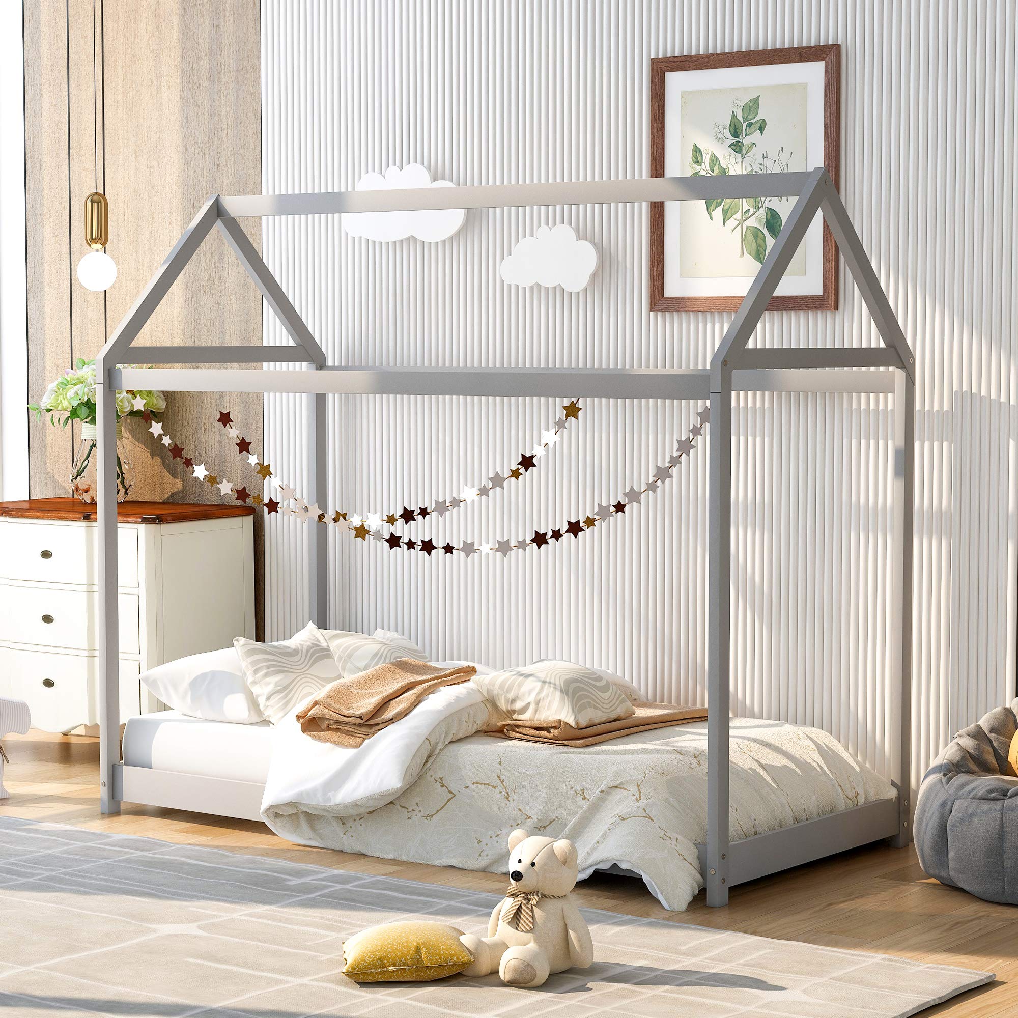 House Twin Bed Frame Wooden Platform Bed for Kids,No Box Spring Needed, Gray