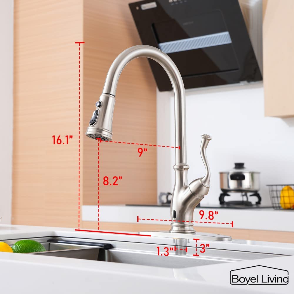 Boyel Living Touchless Kitchen Faucets with Pull Down Sprayer in Brushed Nickel,Stainless Steel，3 Function Water Outlet Sink Faucet with Flexible Hose