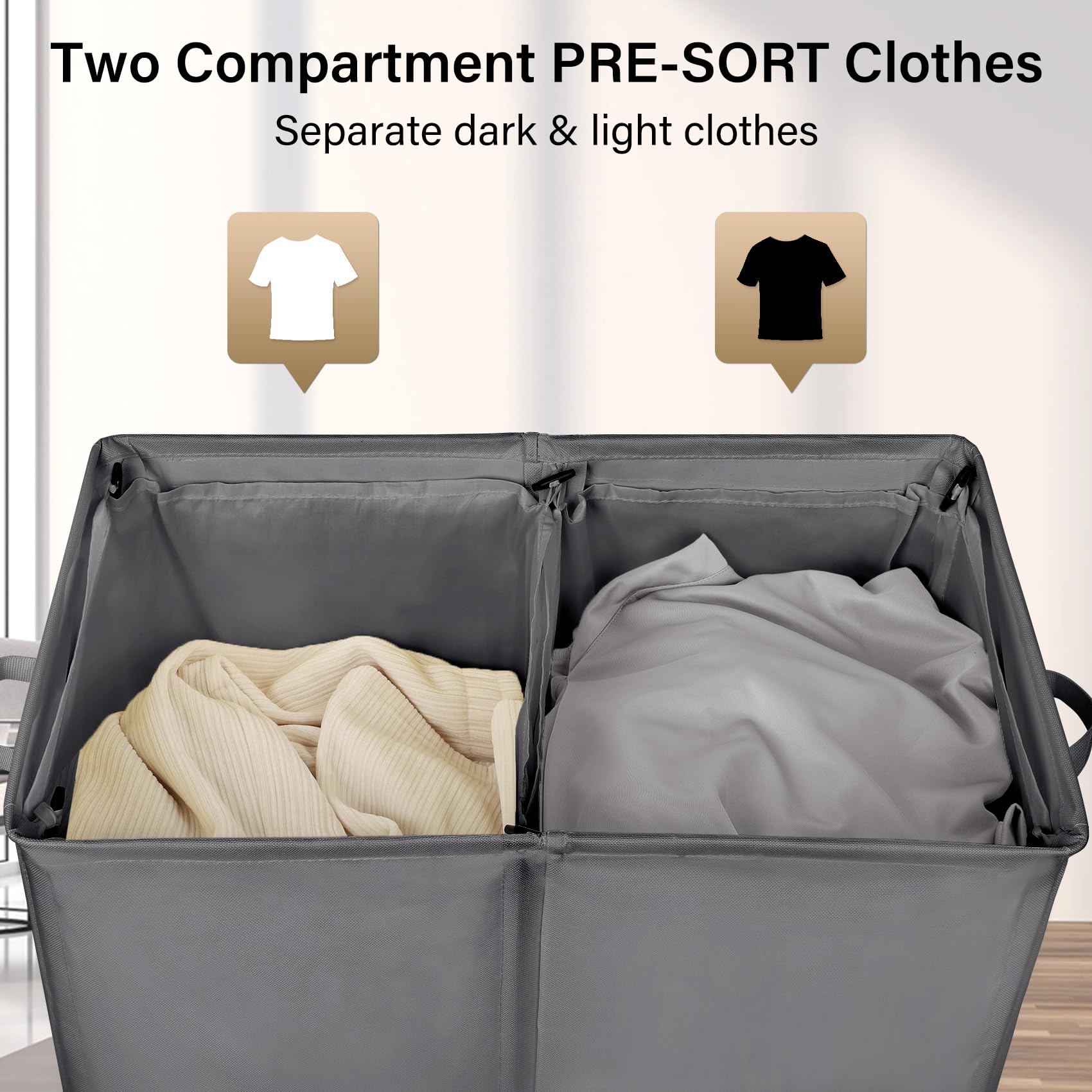 Double Laundry Hamper with Lid and 4 Removable Laundry Bags, Collapsible Laundry Hamper 2 Section Dirty Clothes Hamper with Handles for Laundry, Bedroom, Bathroom, Dorm, Grey