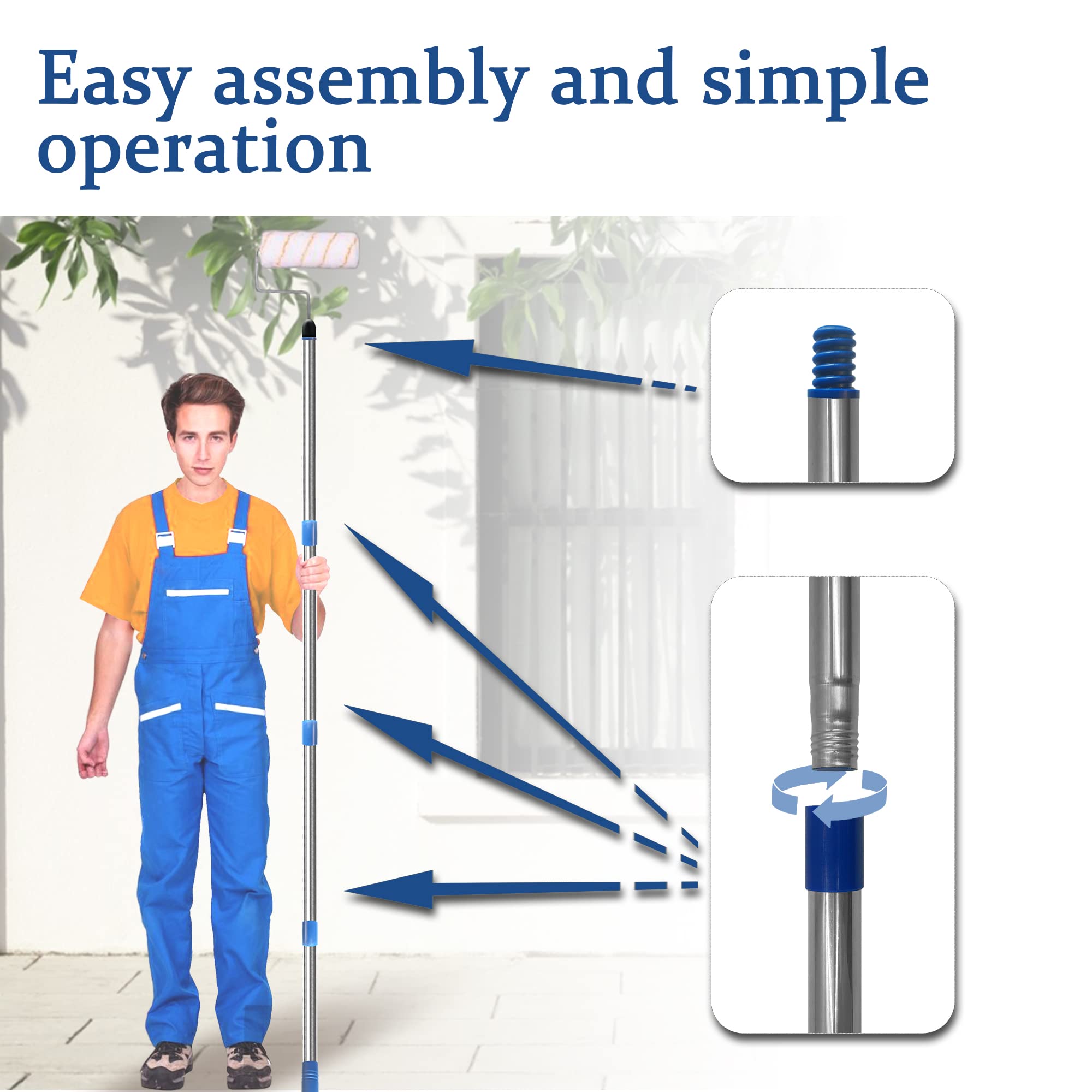 cosbur Spin Mop Handle Replacement, 4-Section Mop Handle Replacement for Spin Mop, Stainless Steel Mop Pole Handle for Commercial Mop and Mop Refills, Cleaning Tools Accessories(Blue)