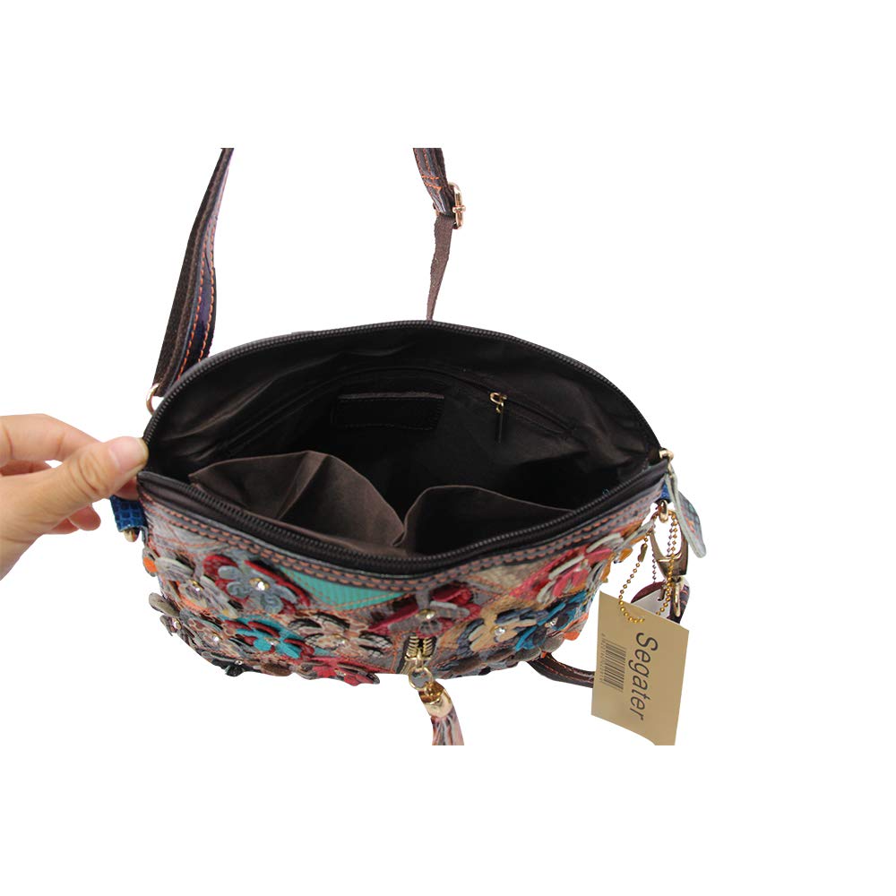 Segater® Women Multicolor Floral Crossbody Bag Cowhide Leather Handbag 3D Snake Pattern Shoulder Bag Travel Patchwork Satchel