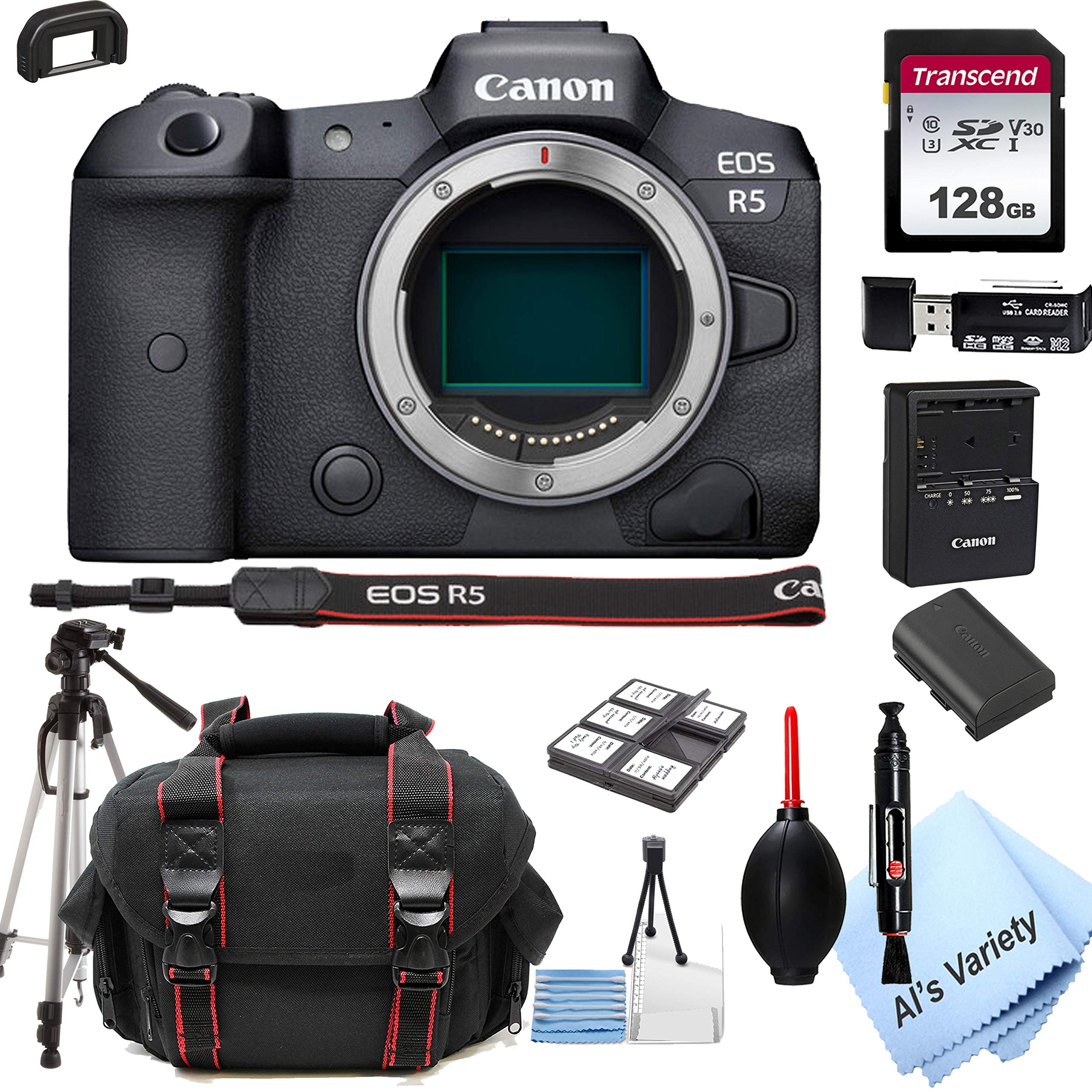 Canon EOS R5 Mirrorless Digital Camera Body Bundle + 128GB Memory + Case + Tripod (18pc Bundle)