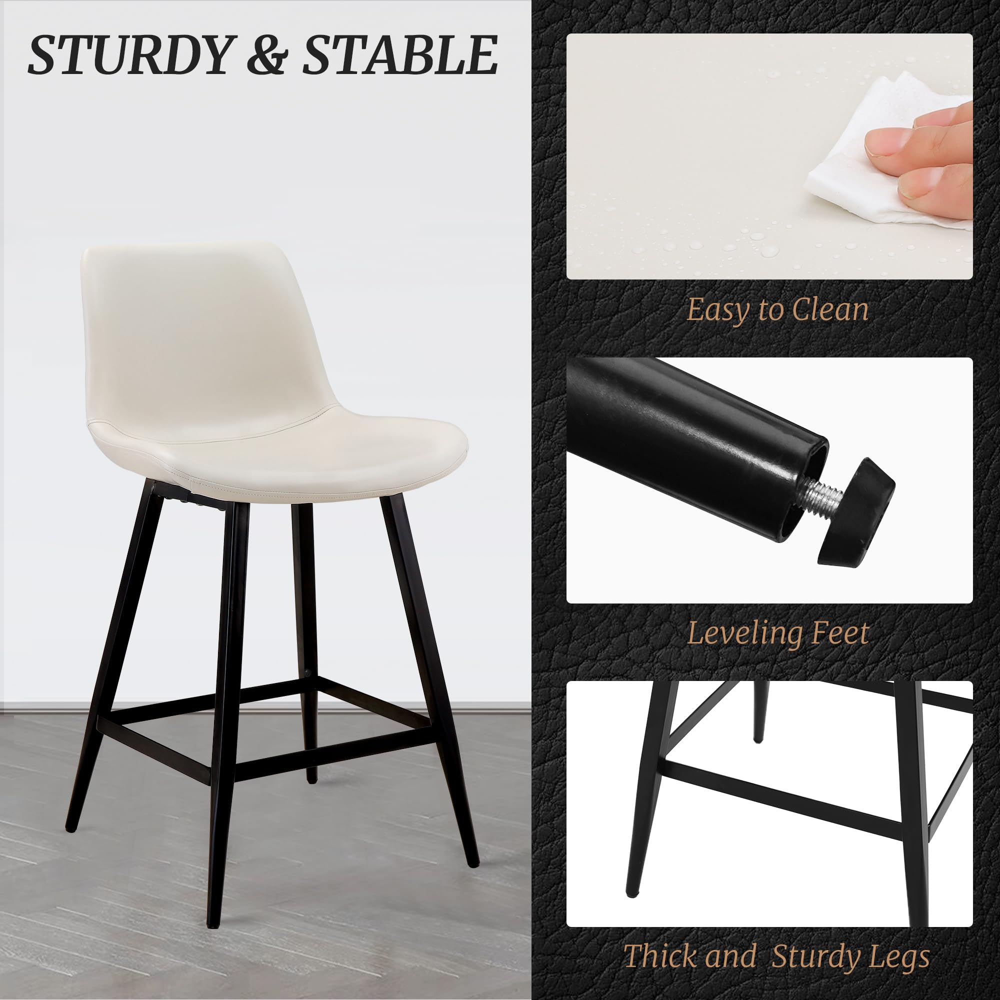Cozyman Armless Bar Stools,26", Upholstered Bar Stool with Back Set of 4, Faux Leather Performance Material in Black, Barstools with Metal Legs, Suitable for Kitchen Room, Coffee Shop