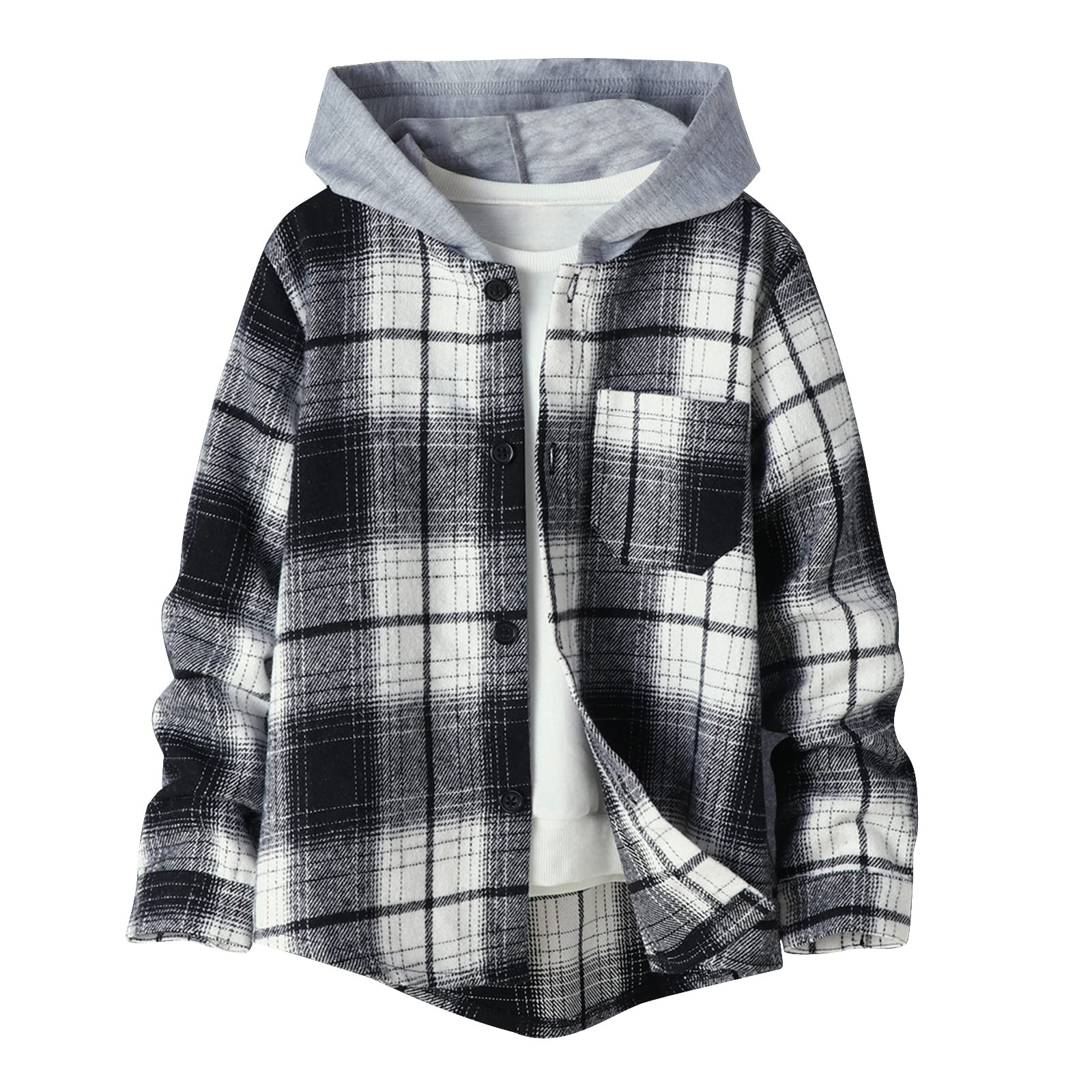 Boys Plaid Hooded Shirts Button Down Long Sleeve Shirt Spring Flannel Jacket Lightweight Casual Clothes 5-10Years