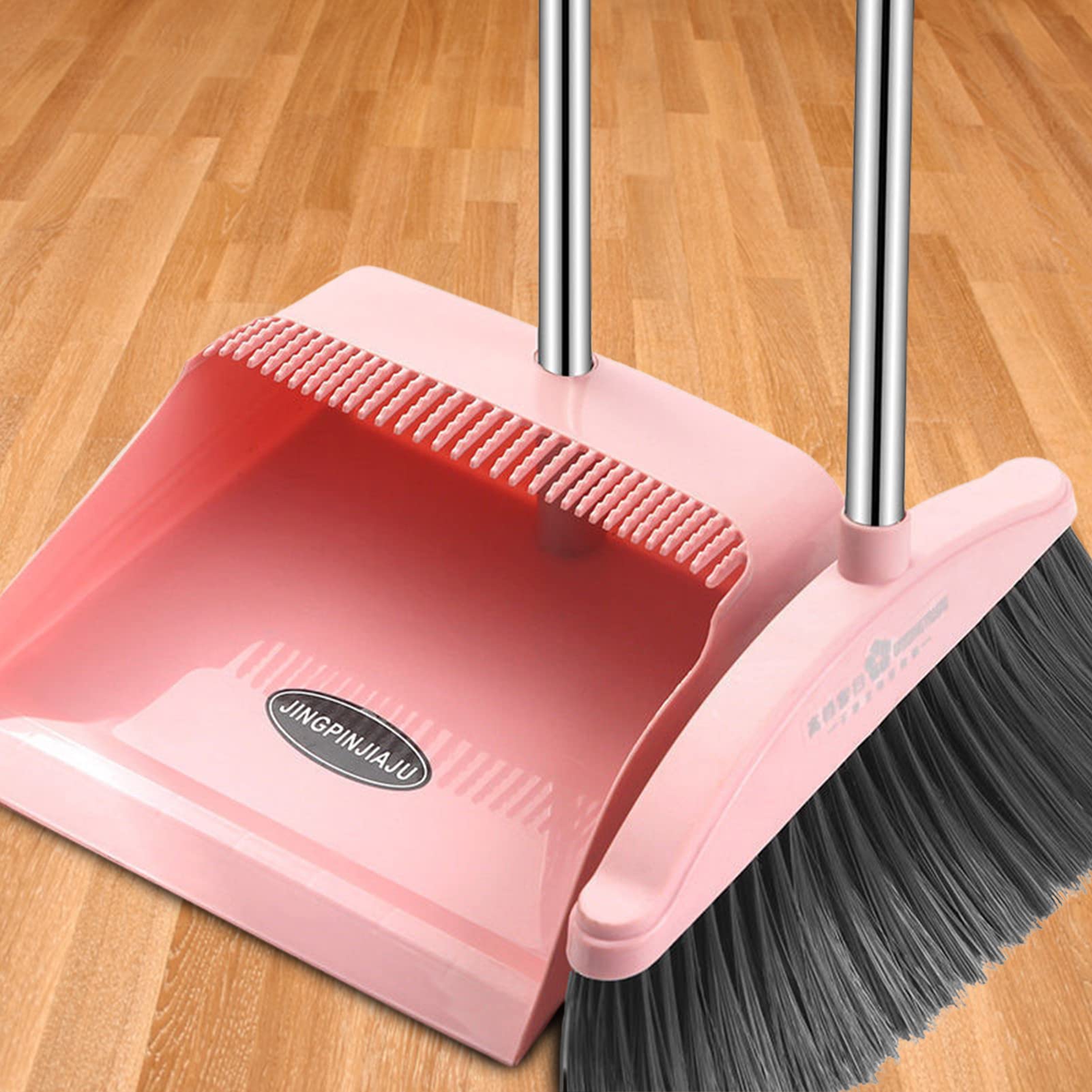 Broom and Dustpan Comb Set, Long Handle Sweeping Broom for Indoor, Broom & Dustpan Set for Home, Upright Standing Dust Pan with Comb Teeth, Store Sweep Set for Room Kitchen Lobby Offic Floor Cleaning