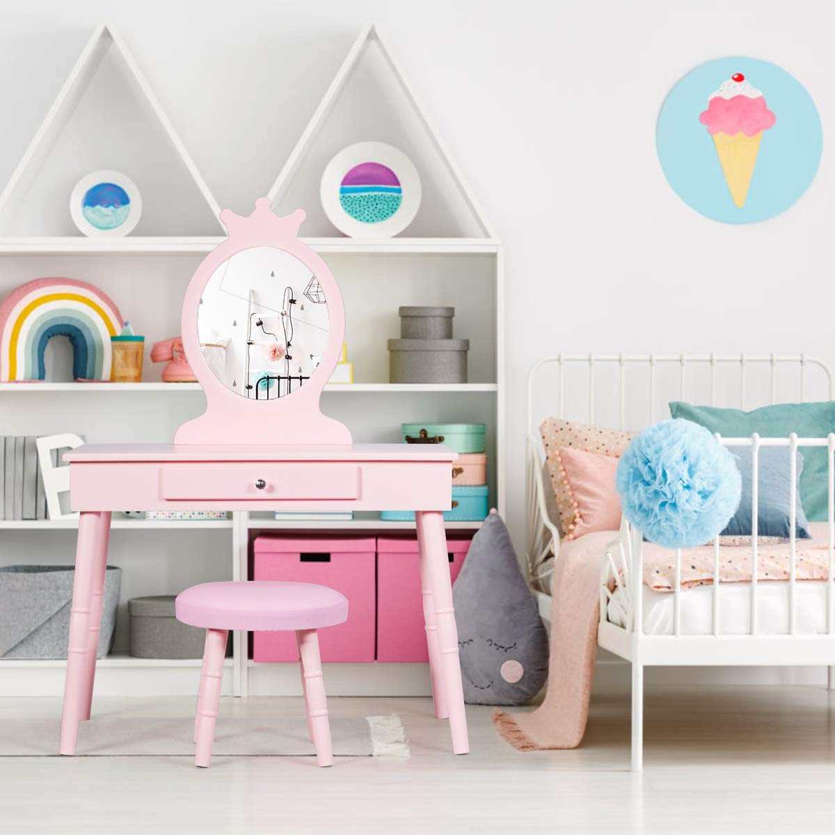 GOFLAME Kids Vanity Set, Princess Dressing Table Set, Wooden Dresser, Little Girls Makeup Table and Stool Set, Pretend Beauty Play Set with Real Mirror, Pull-Out Drawer and Cushioned Stool (Pink)