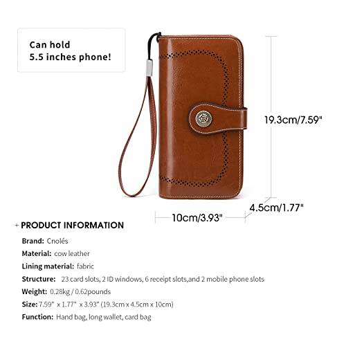 Cnoles Womens Wallet Genuine Leather Large Capacity Wristlet Clutch Purse Credit Card Holder with RFID Blocking Purse Light Brown