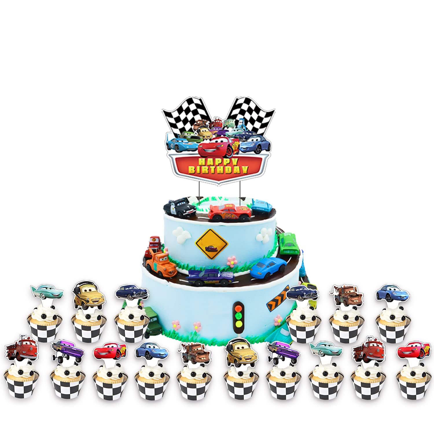 Cars Lightning McQueen Cake Topper and Cup Cake Topper for Kids Birthday Race Car Themed Cake Decorations