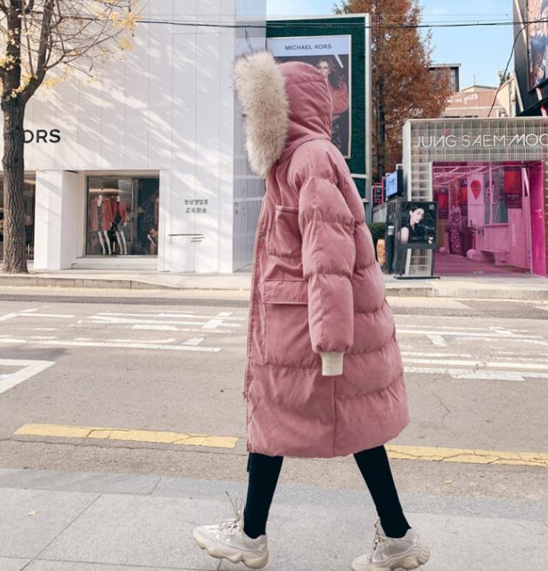 BLFYQB Female Cotton Corduroy Winter Nagymaros Collar in The Long Section Thicken Hooded Jacket Coat Students Soft and Comfortable/Pink/L
