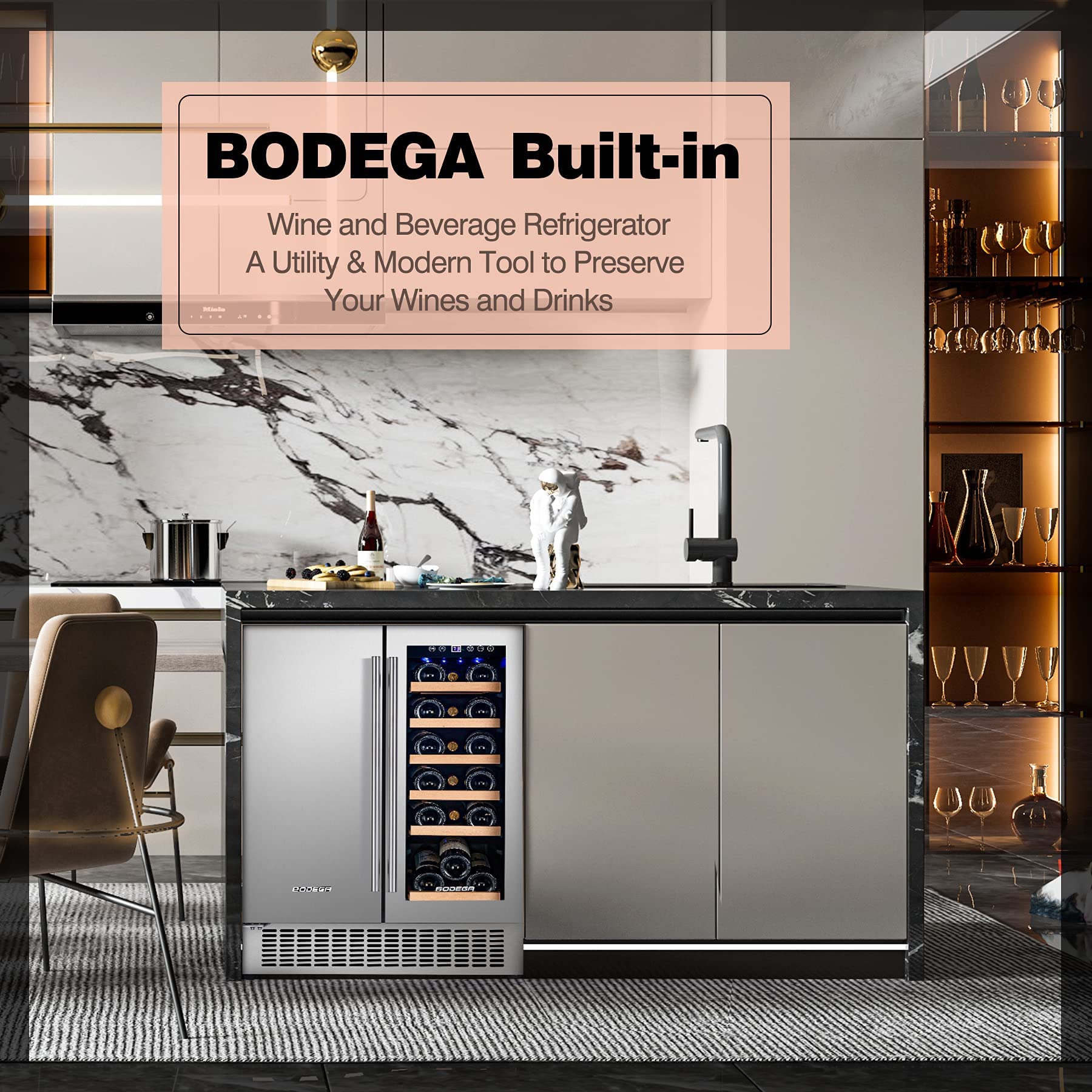 BODEGA 24 Inch Beverage and Wine Cooler, Built-in and Freestanding Wine Beverage Refrigerator Dual Zone, Holds 57 Cans and 18 Bottles, with Independent Temperature Control,Upgraded Compressor Quiet