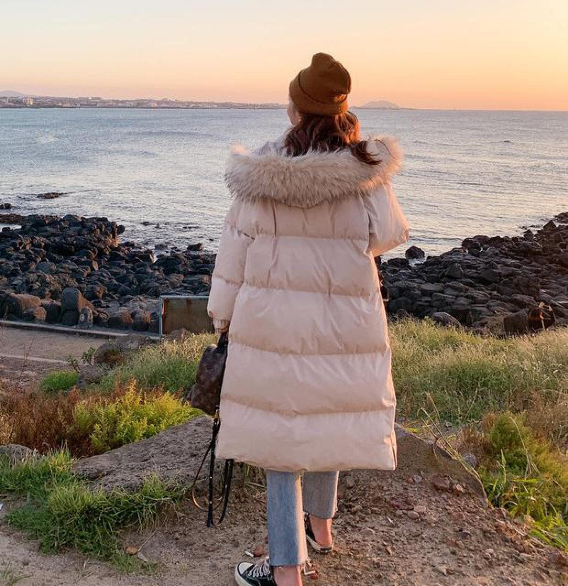 BLFYQB Winter Coat Female Loose Port Wind Long Section Thigh Thicken Nagymaros Collar Coat Tide Fit The Wrist Cuffs/Beige/L