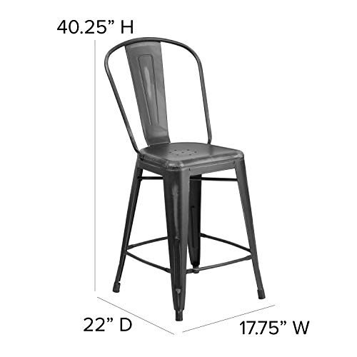 Flash Furniture Carly Commercial Grade 24" High Distressed Black Metal Indoor-Outdoor Counter Height Stool with Back
