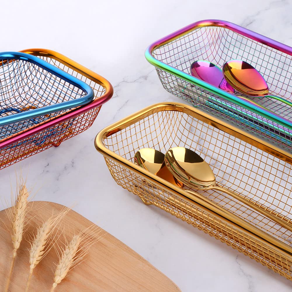 BYEGOU Kitchen Drawer Organizer, Stainless Steel Storage Container Rose Gold Metal Cabinet Storage Basket for Holding Silverware Kitchen Utensil, Pack of 2