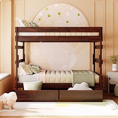 Full Over Full Bunk Bed with 2 Drawers, Solid Wood Bunk Bed Frame with Ladders & Storage Drawers, Bedroom Furniture Can Be Divided Into Two Individual Beds