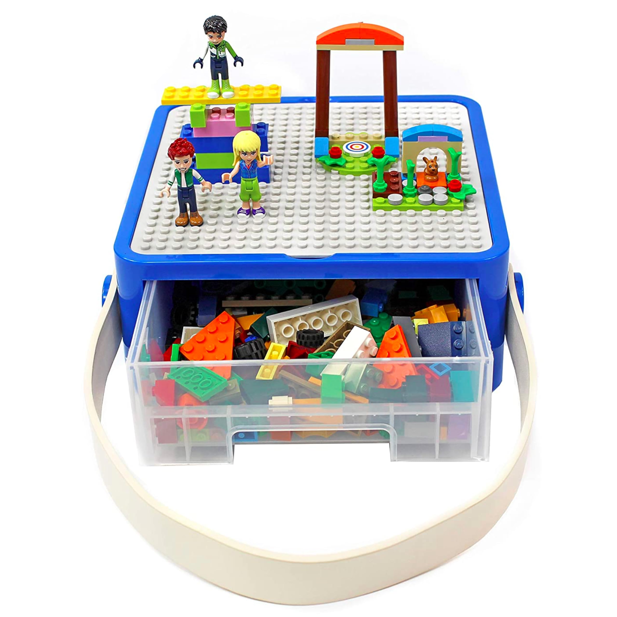 Bins & Things Lego Storage, Bin Box Organizer - Kids Toy Storage Containers - Small Brick Shaped Tub Organizer for Legos, Barbie Dolls and Hot Wheels - Anti-Lego Mess Organizer (Blue & White)